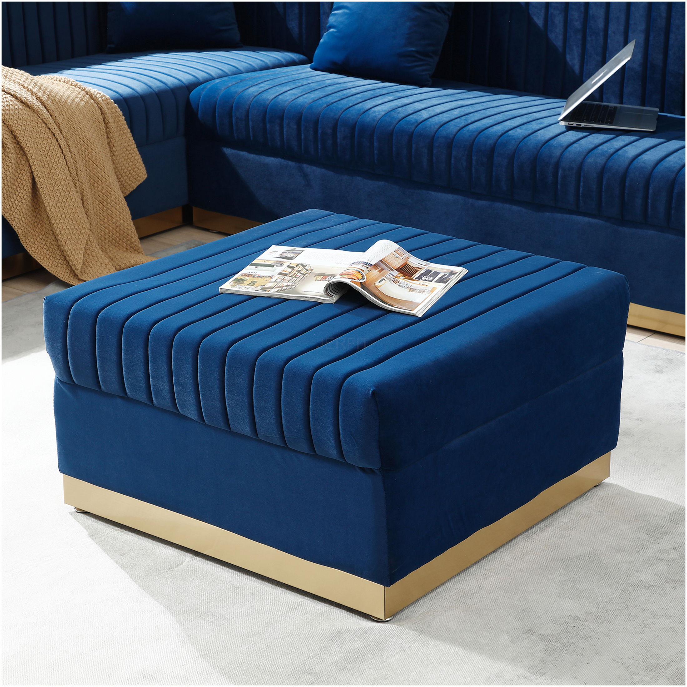 JERFIT Modern Velvet Ottoman with Gold Base, Large Tufted Footrest ...