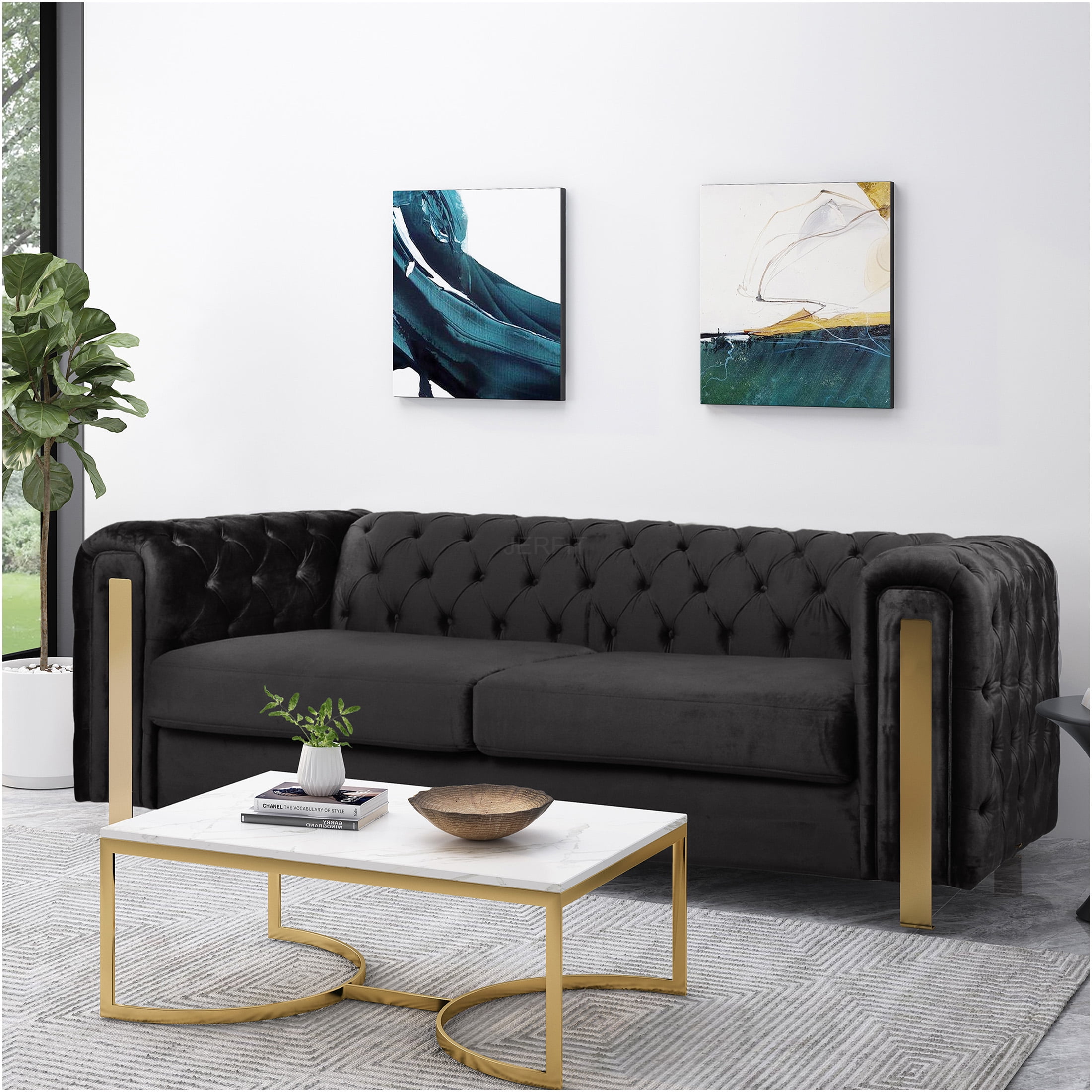 JERFIT Modern Velvet Sofa 3 Seater with Gold Metal Legs, Button Tufted ...