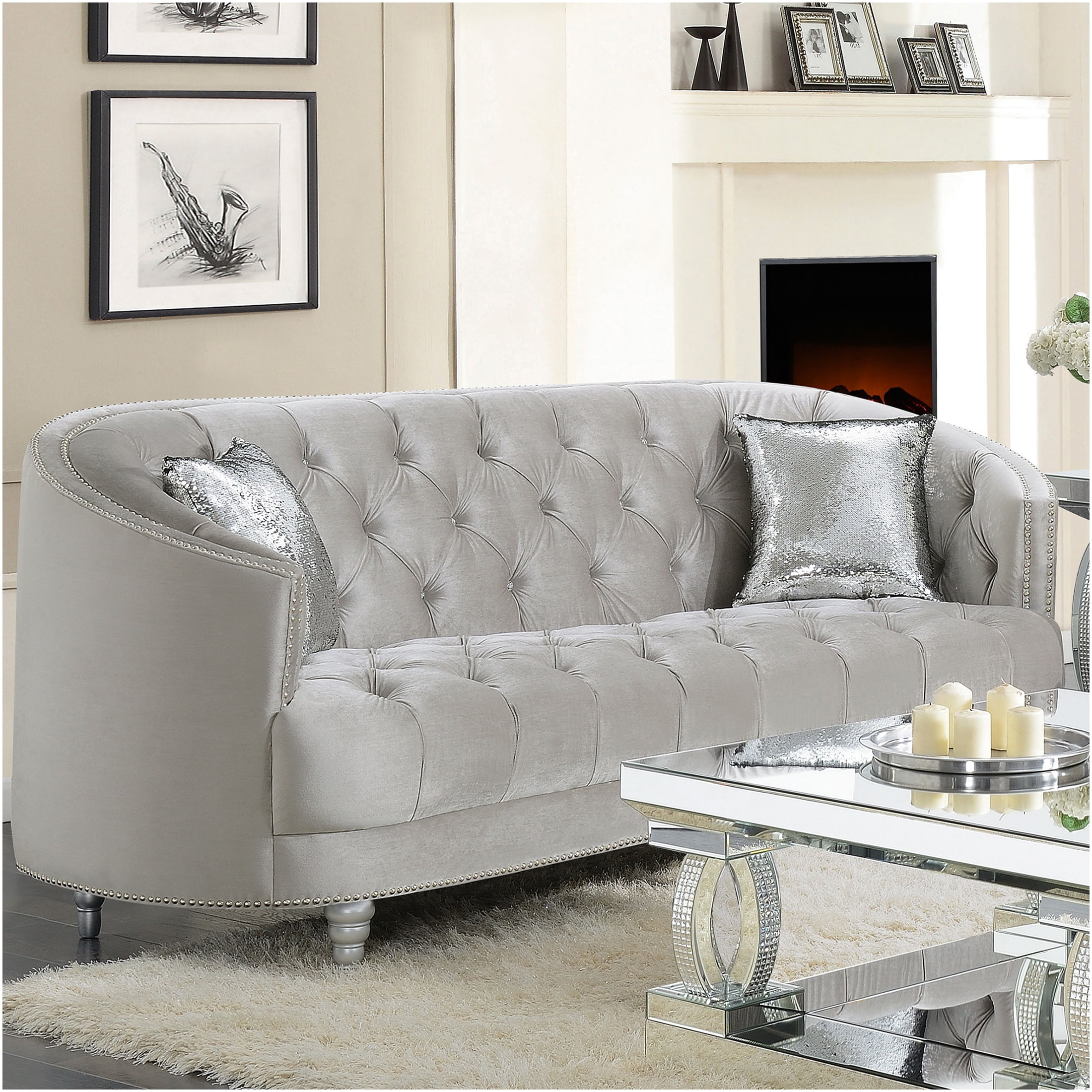 JERFIT Modern Velvet Sofa with Chrome Legs, 3-Seater Tufted Couch for ...