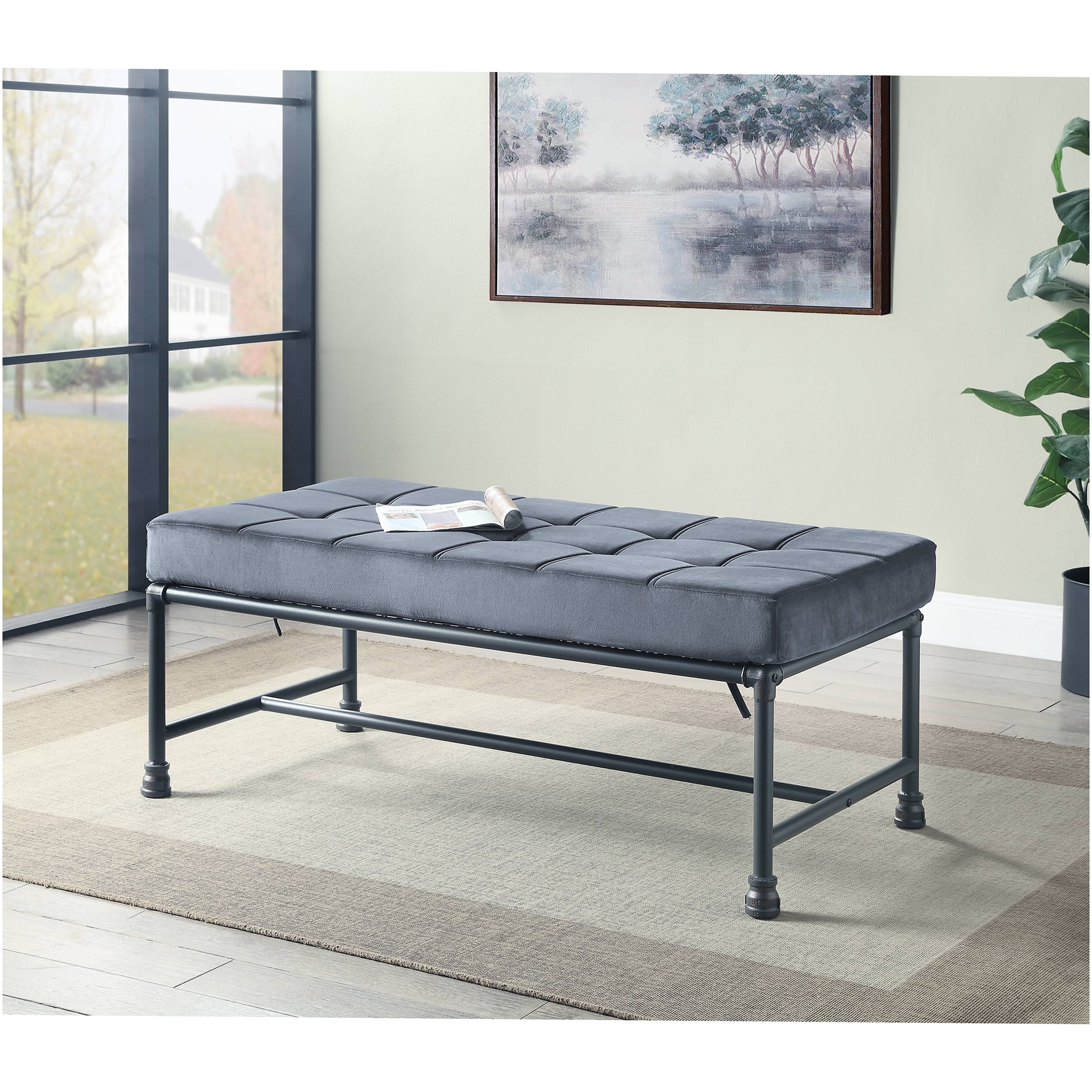 JERFIT Modern Velvet Upholstered Bench with Metal Legs, Gray Sofa Bench ...