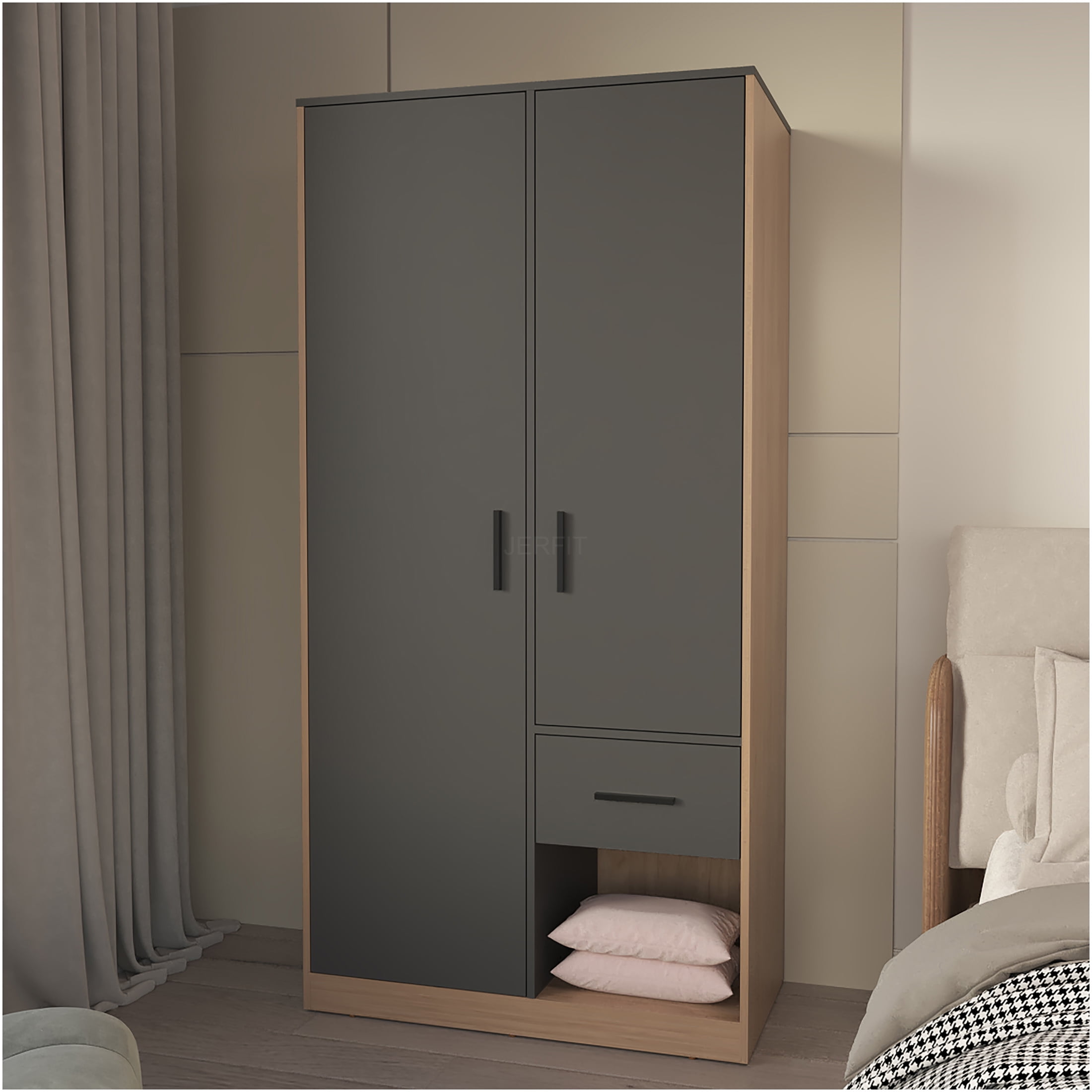 JERFIT Modern Wardrobe with 2 Doors & Drawer, Multicolor Particle Board ...