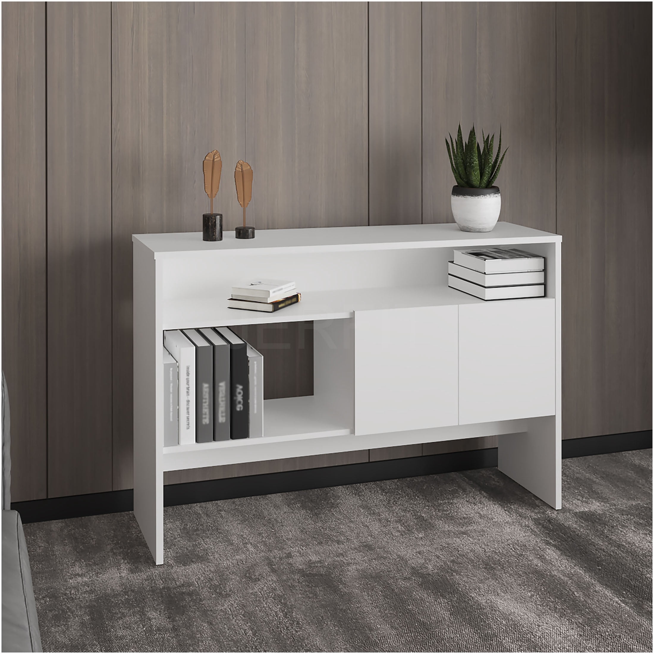 JERFIT Modern White Console Table with Cabinet & 2 Shelves, Narrow Sofa ...