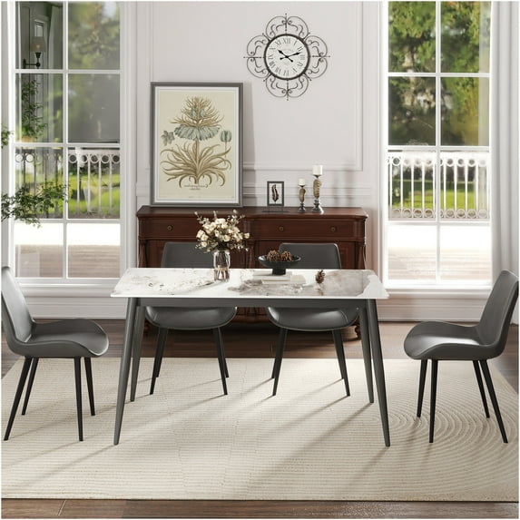 JERFIT Modern White Sintered Stone Dining Table with Dark Grey Metal ...