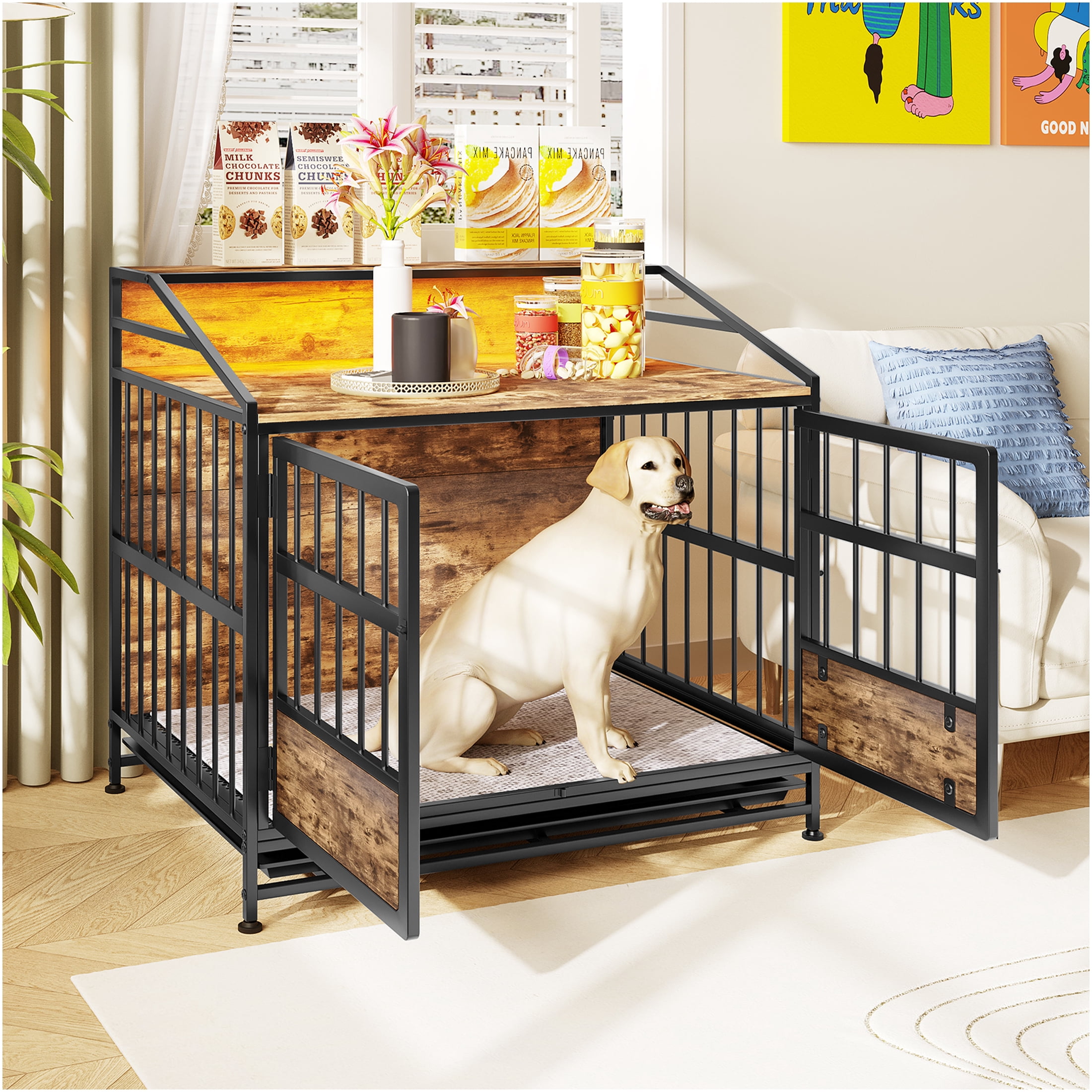 JERFIT Modern Wooden Dog Crate Furniture with Storage, Double Door Pet ...
