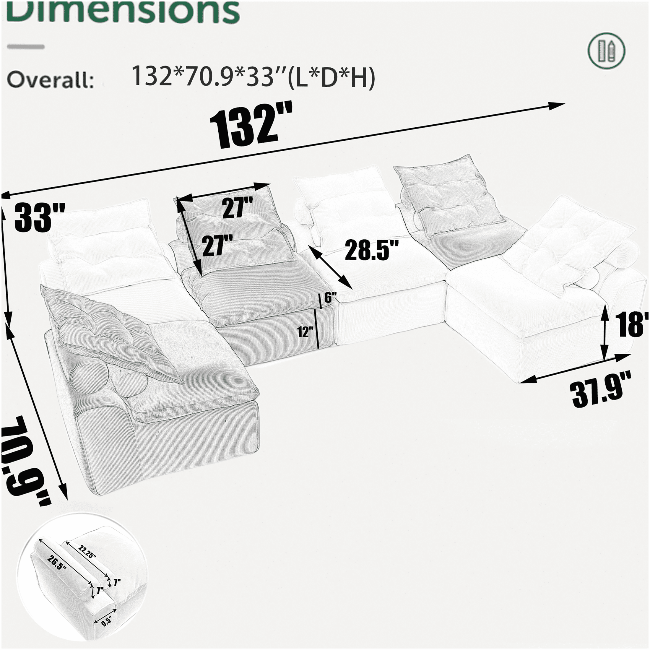 JERFIT Modular Sectional Sofa with Pillows, DIY Corduroy Couch, Modern ...