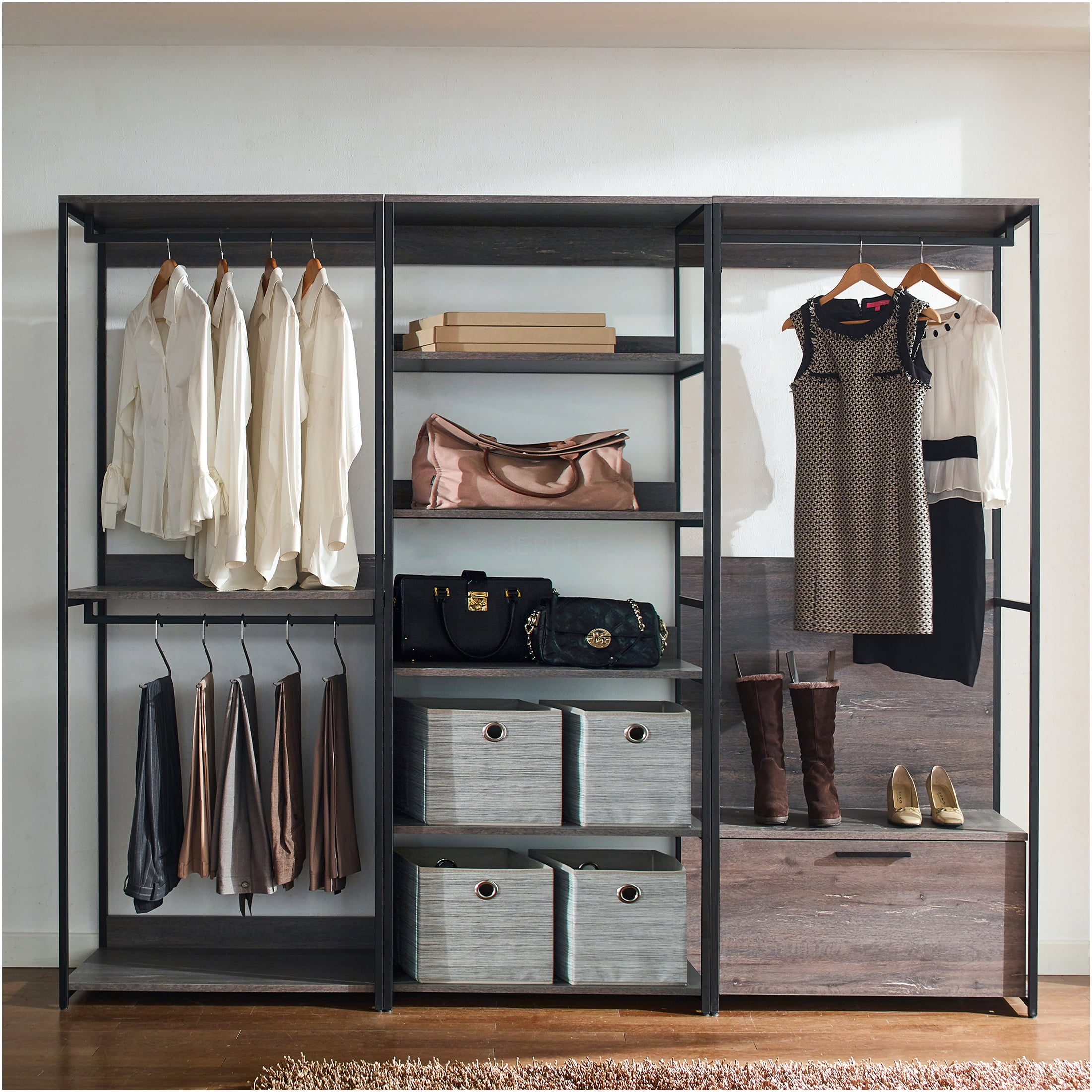 JERFIT Monica Rustic Wood Closet System with Shelves, Modular Organizer ...