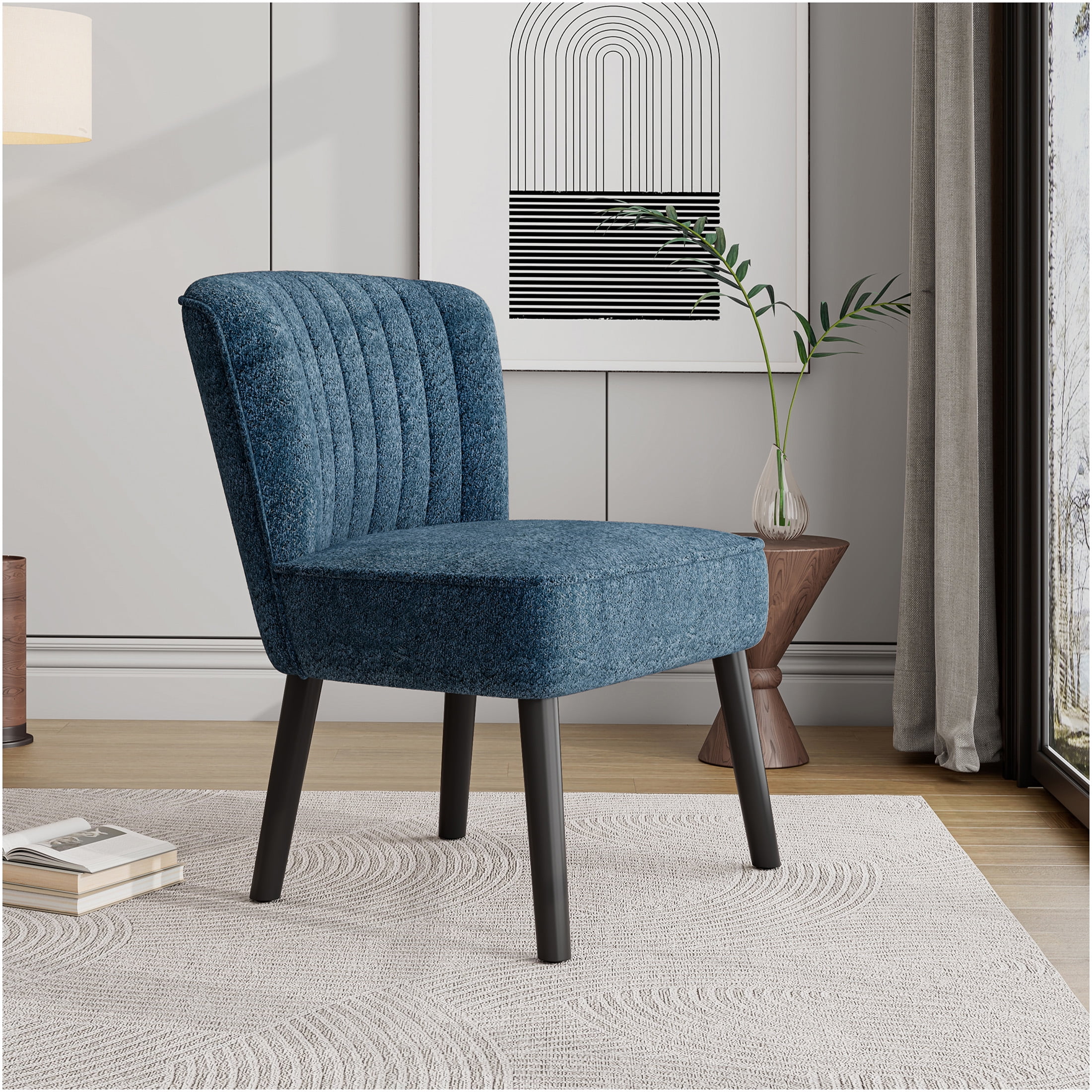 JERFIT Navy Blue Boucle Upholstered Accent Chair with Channel Tufted ...