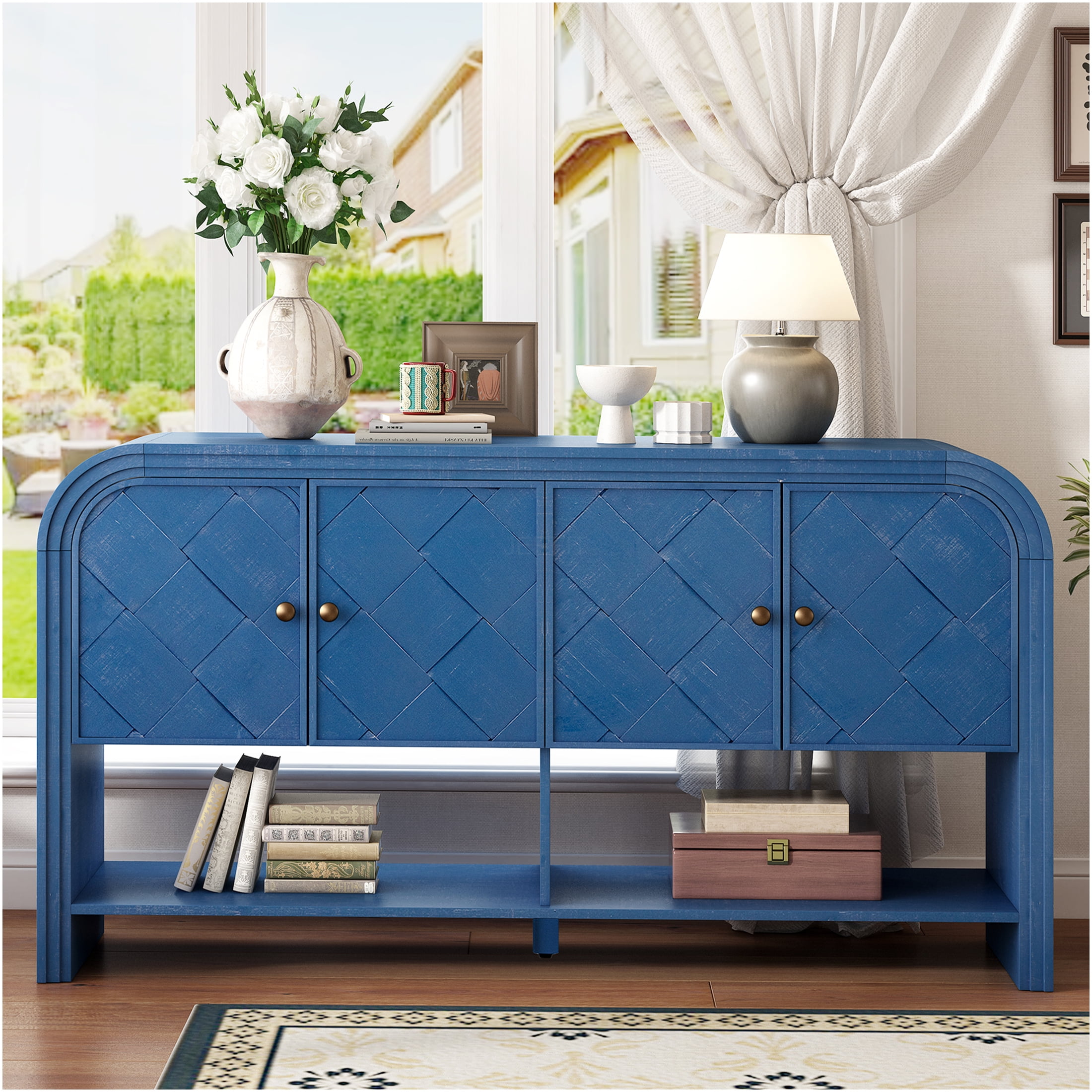 JERFIT Navy Blue Console Table with Wood Slat Doors, Sofa Table for ...