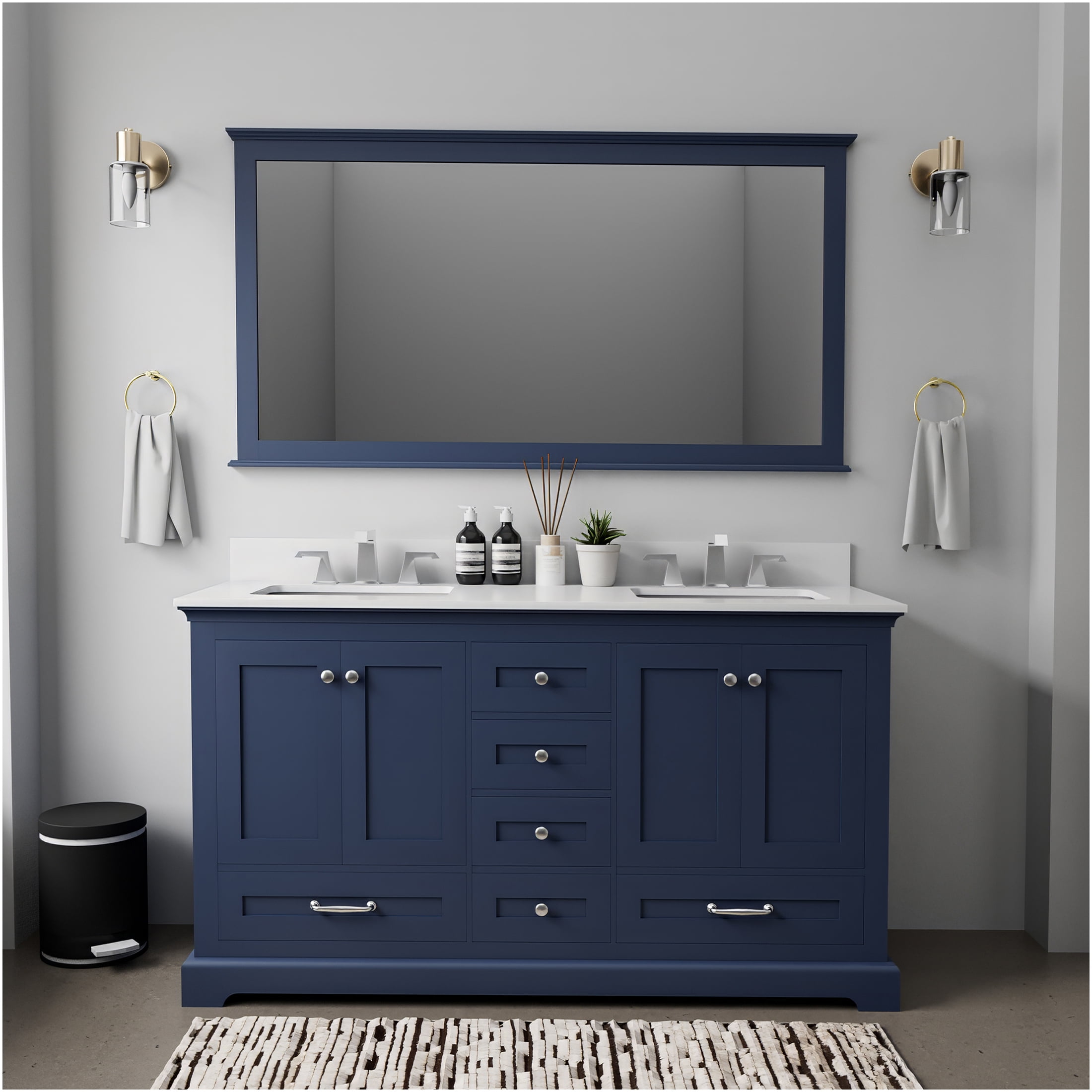 JERFIT Navy Blue Double Sink Bathroom Vanity Set with White Quartz ...