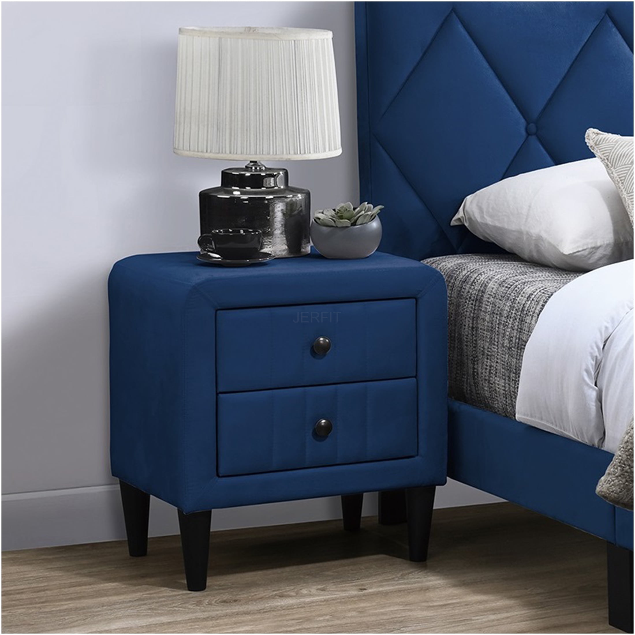 JERFIT Navy Blue Velvet Nightstand with 2 Drawers, Modern Bedside Table ...