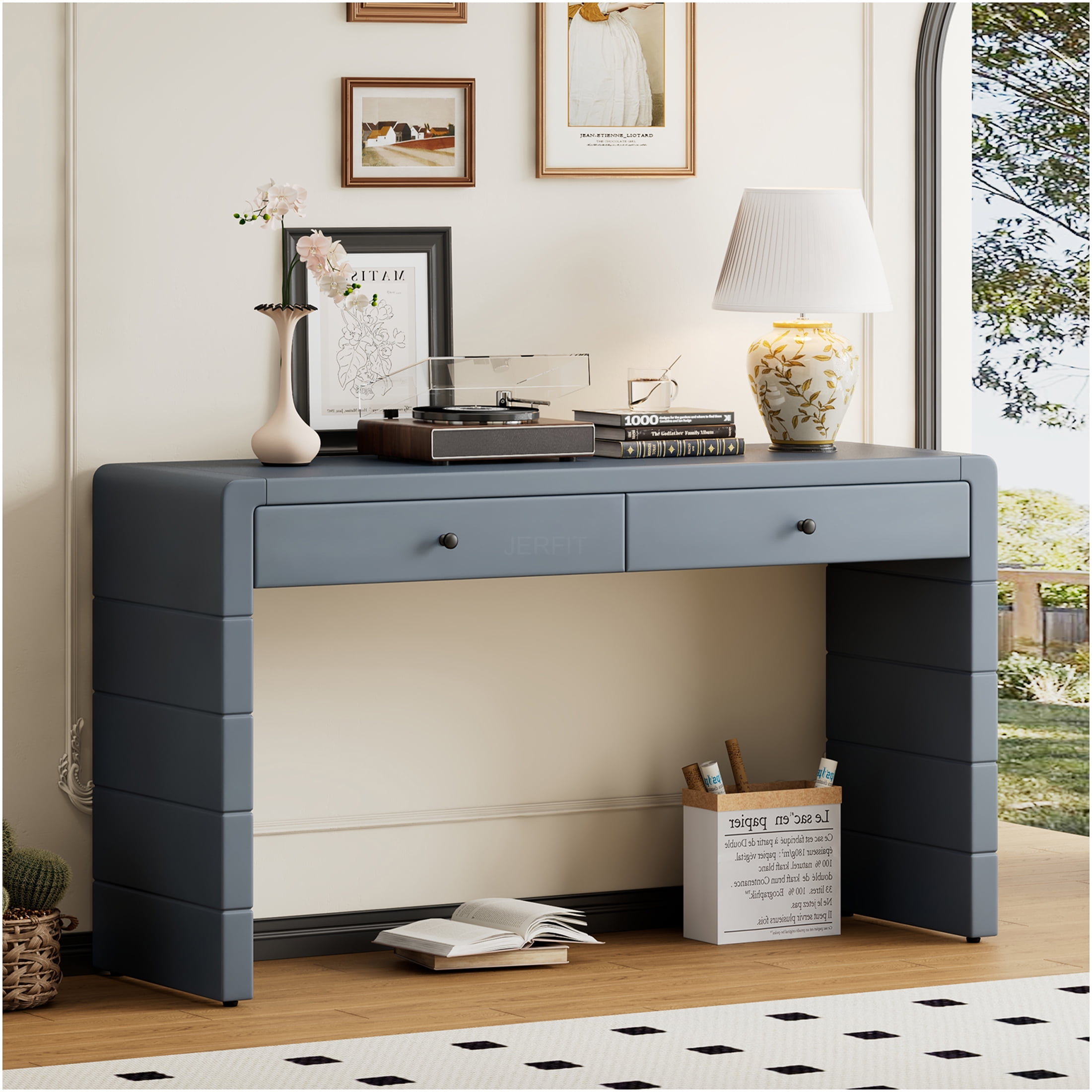 JERFIT Navy Console Table with Drawers, Curved Sofa Table for Living ...