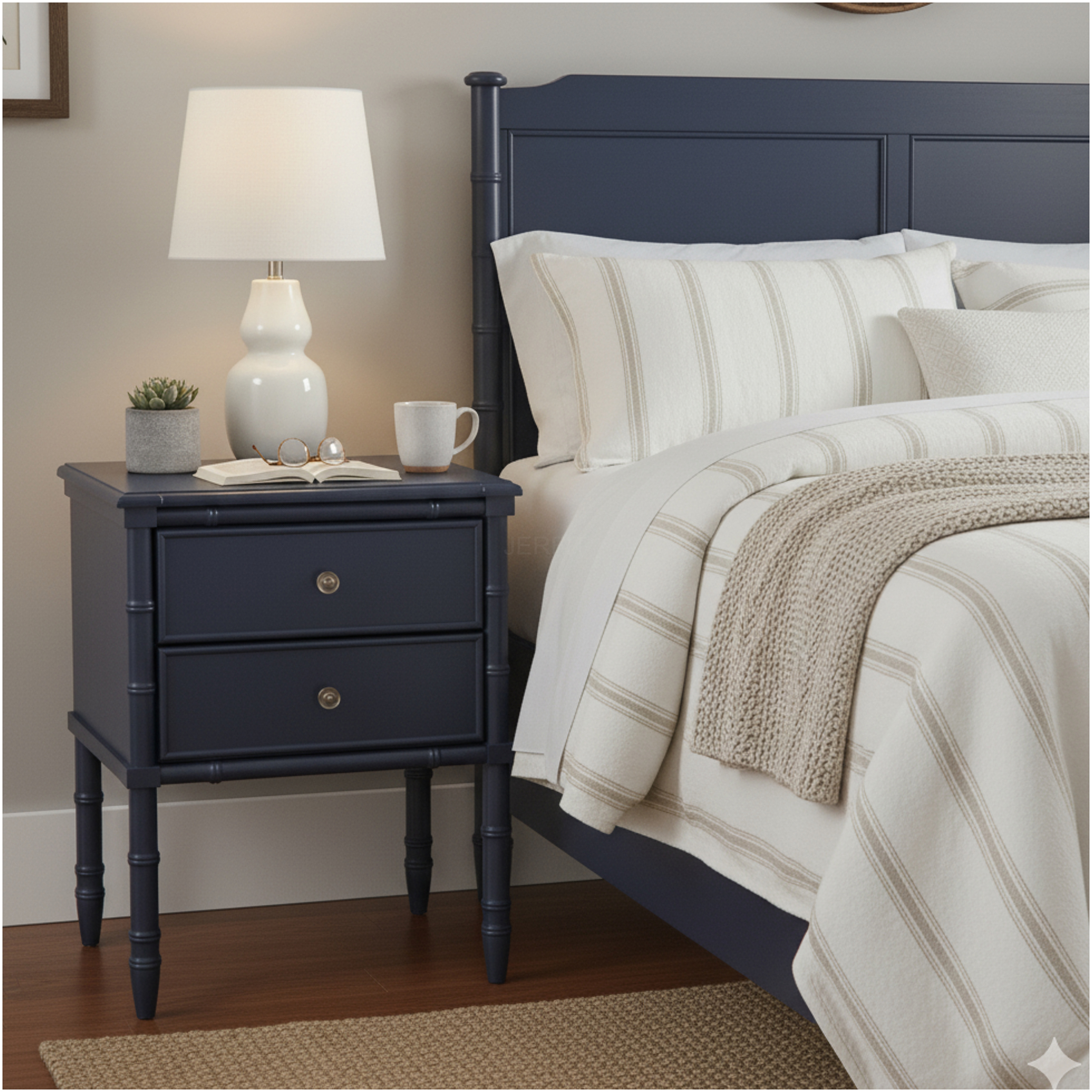 JERFIT Nightstand with 2 Drawers, Dark Blue Wood Bedside Table for ...