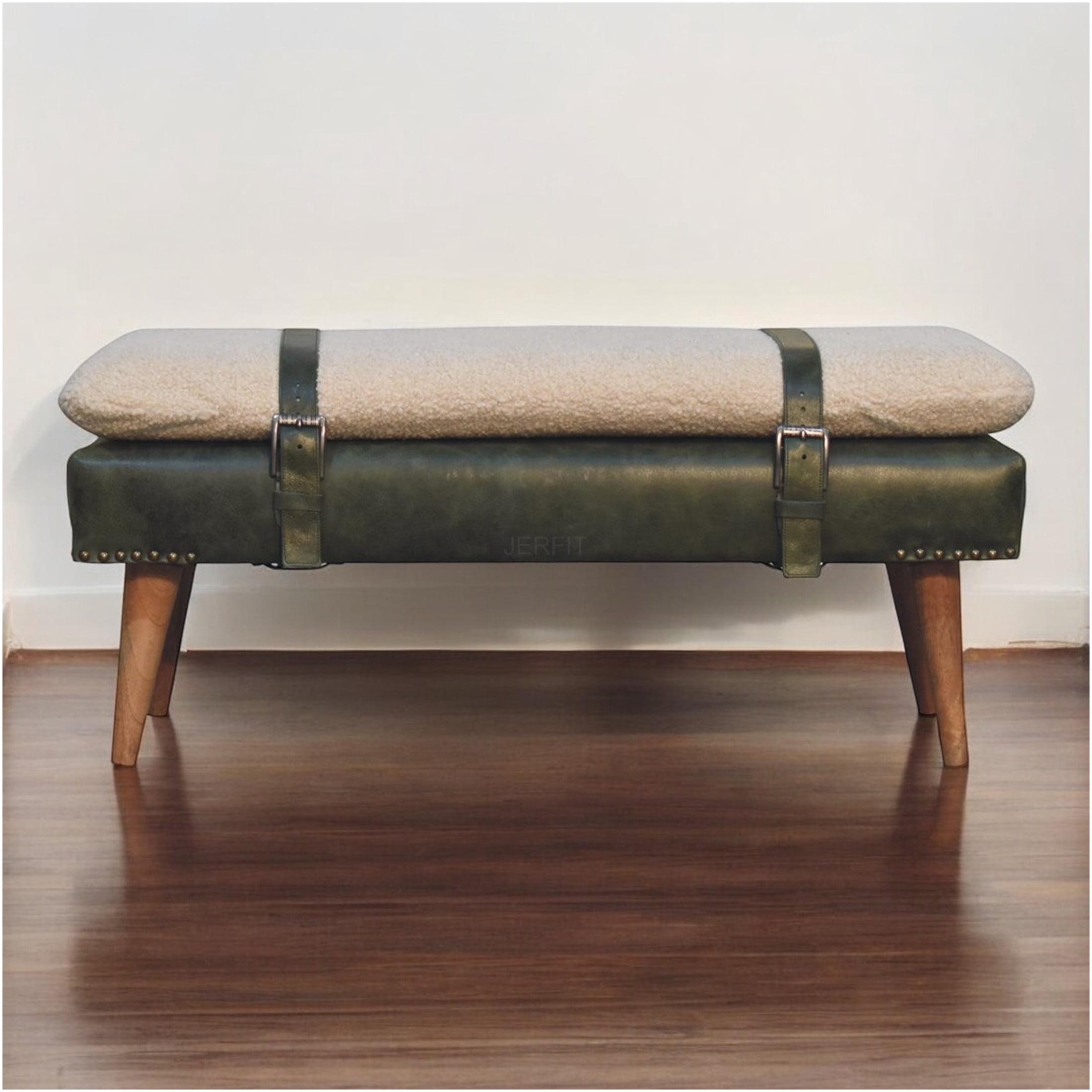 JERFIT Olive Green and Brown Boucle Fabric Bench with Leather Accents ...