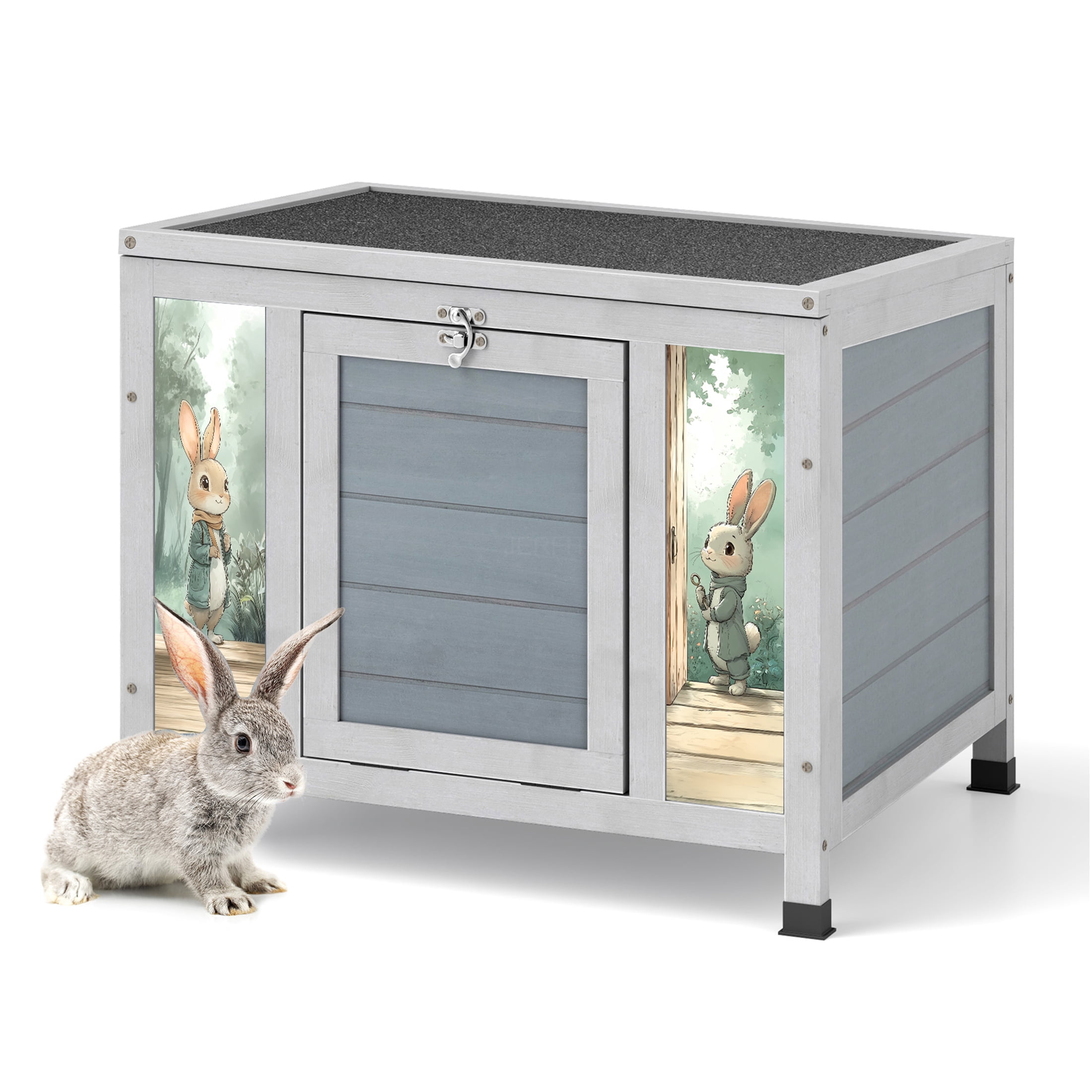 JERFIT Outdoor Rabbit Hutch with Waterproof Roof, Lockable Door & Ramp ...