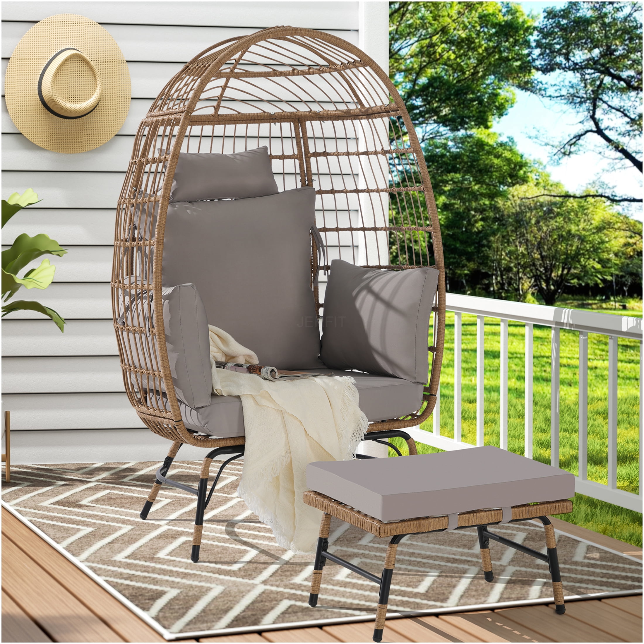 JERFIT Oversized PE Rattan Egg Chair Hanging Pod with Ottoman, 360lb ...