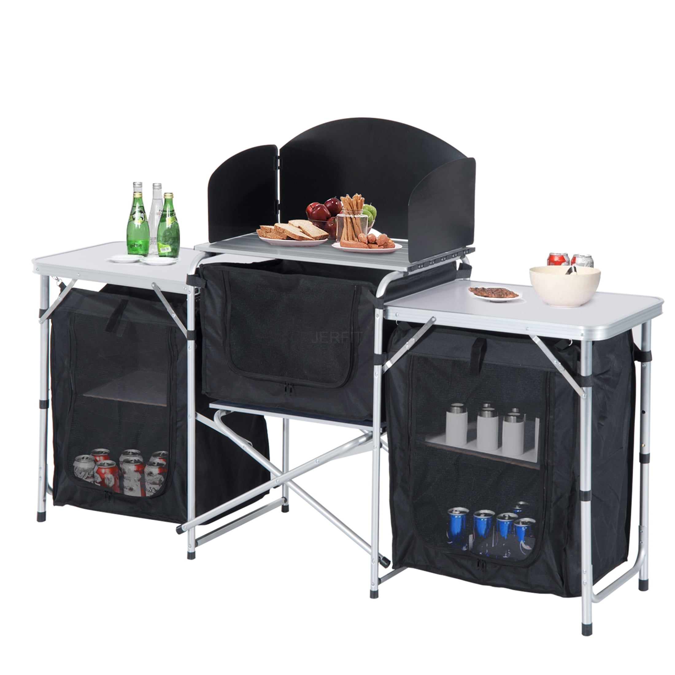 JERFIT Portable Camping Kitchen with Windscreen, 3 Zippered Cabinets ...