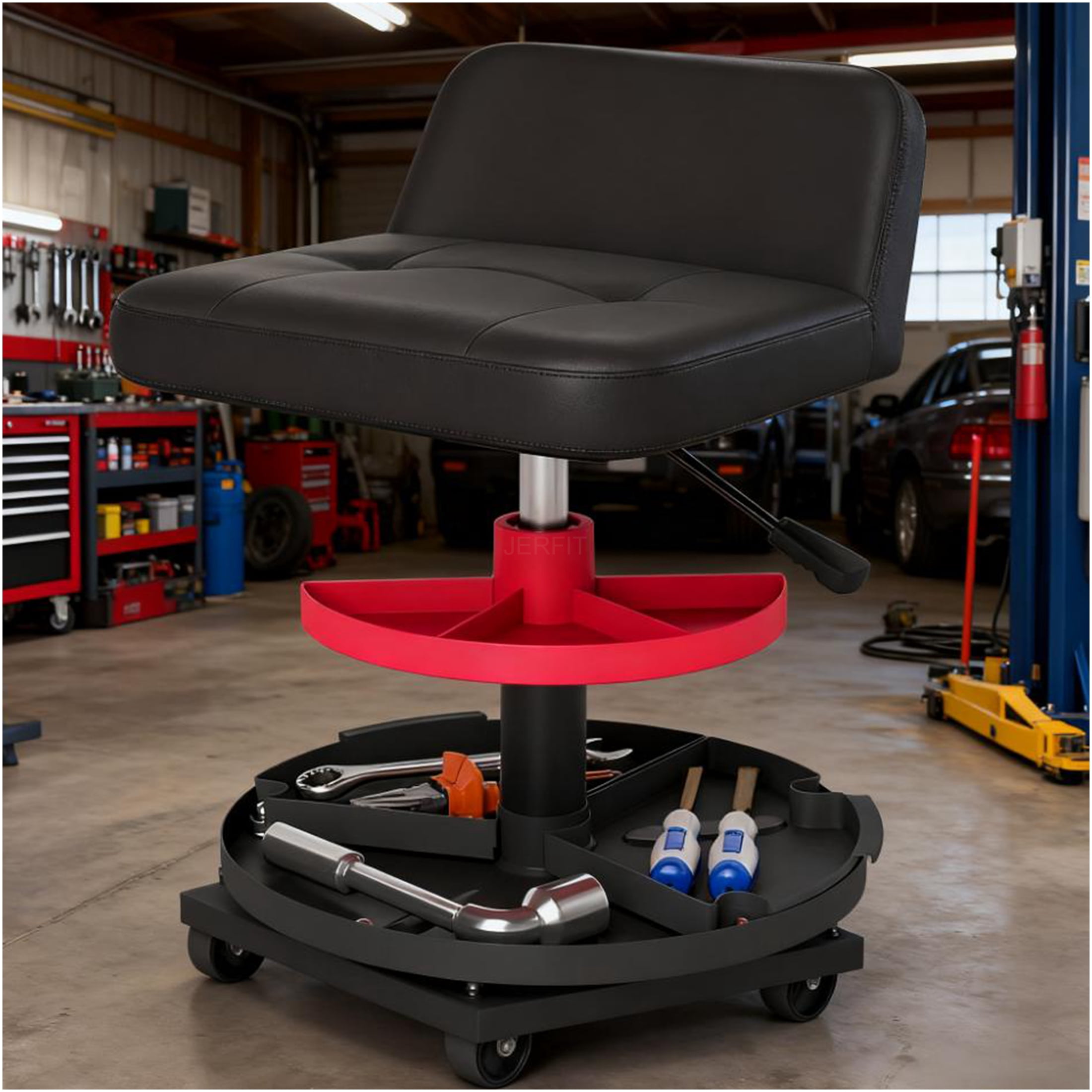 JERFIT Professional Mechanic Stool with Tool Trays, 360° Swivel Wheels ...