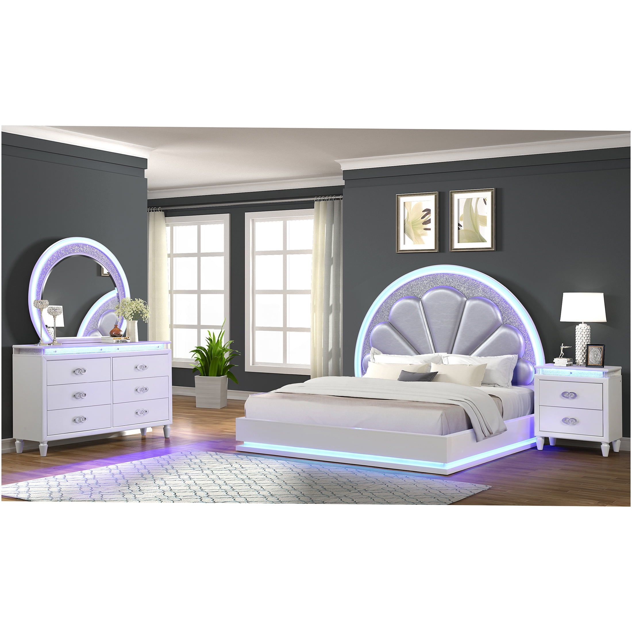 JERFIT Queen 4 Piece LED Bedroom Set with Light Up Headboard, Dresser ...