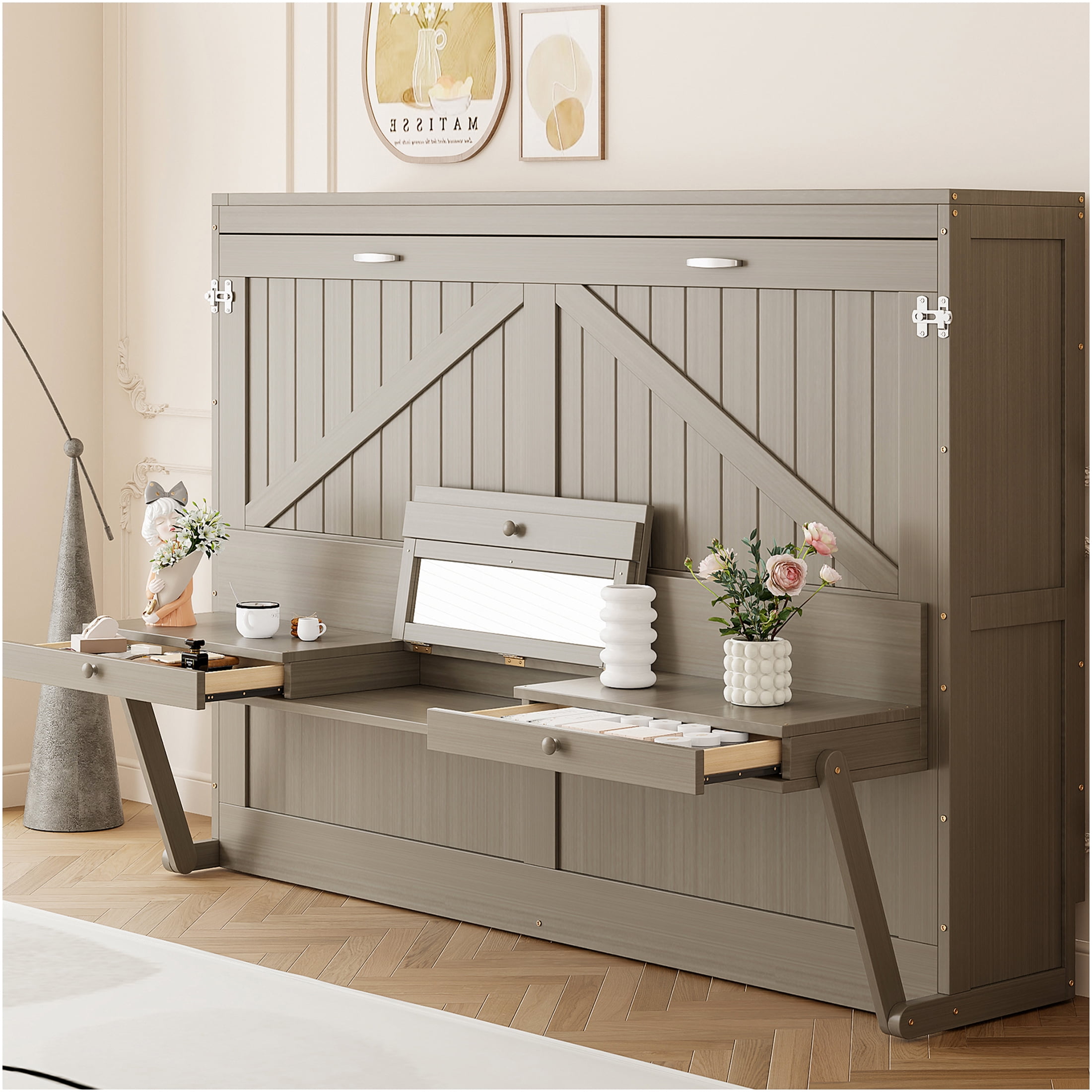 JERFIT Queen Murphy Bed with Vanity Desk, Wall Mounted Fold Down Bed ...