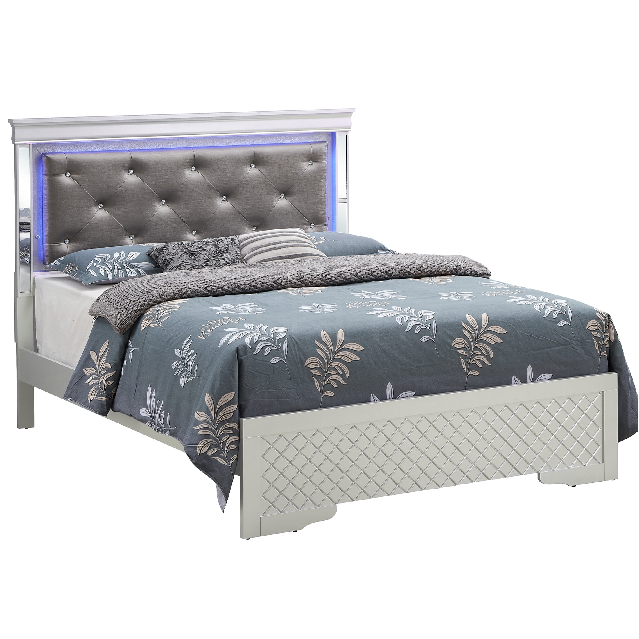 JERFIT Queen Size Bed with LED Headboard, Upholstered Platform Bed ...