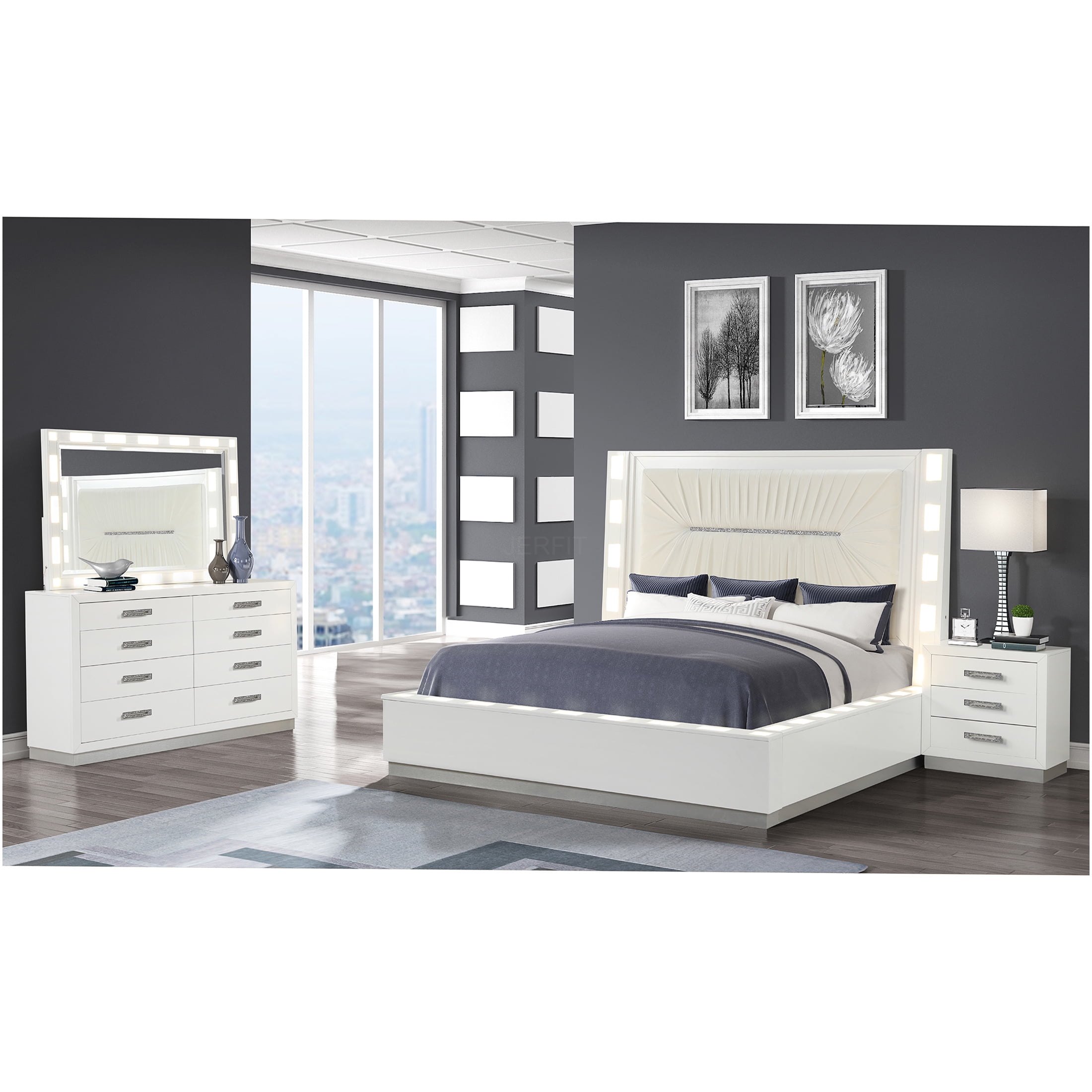 JERFIT Queen Size LED Bedroom Set with Light Up Headboard, 8-Drawer ...
