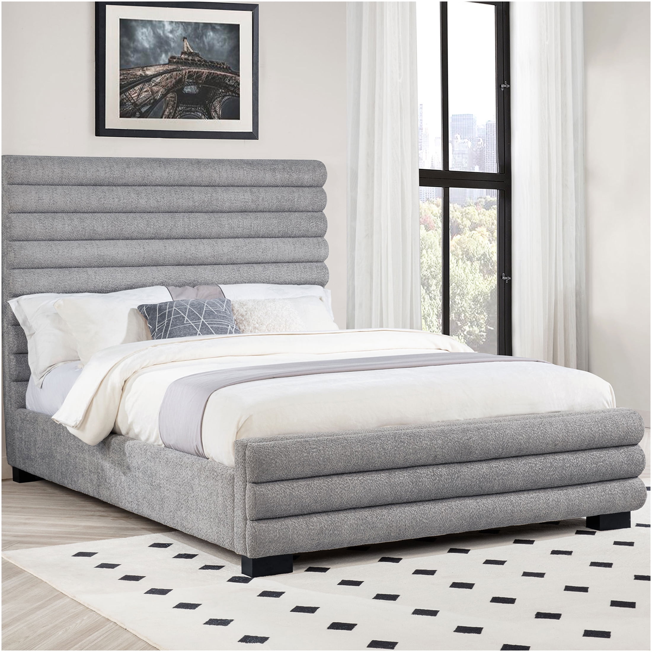JERFIT Queen Size Upholstered Platform Bed with High Headboard, Grey ...