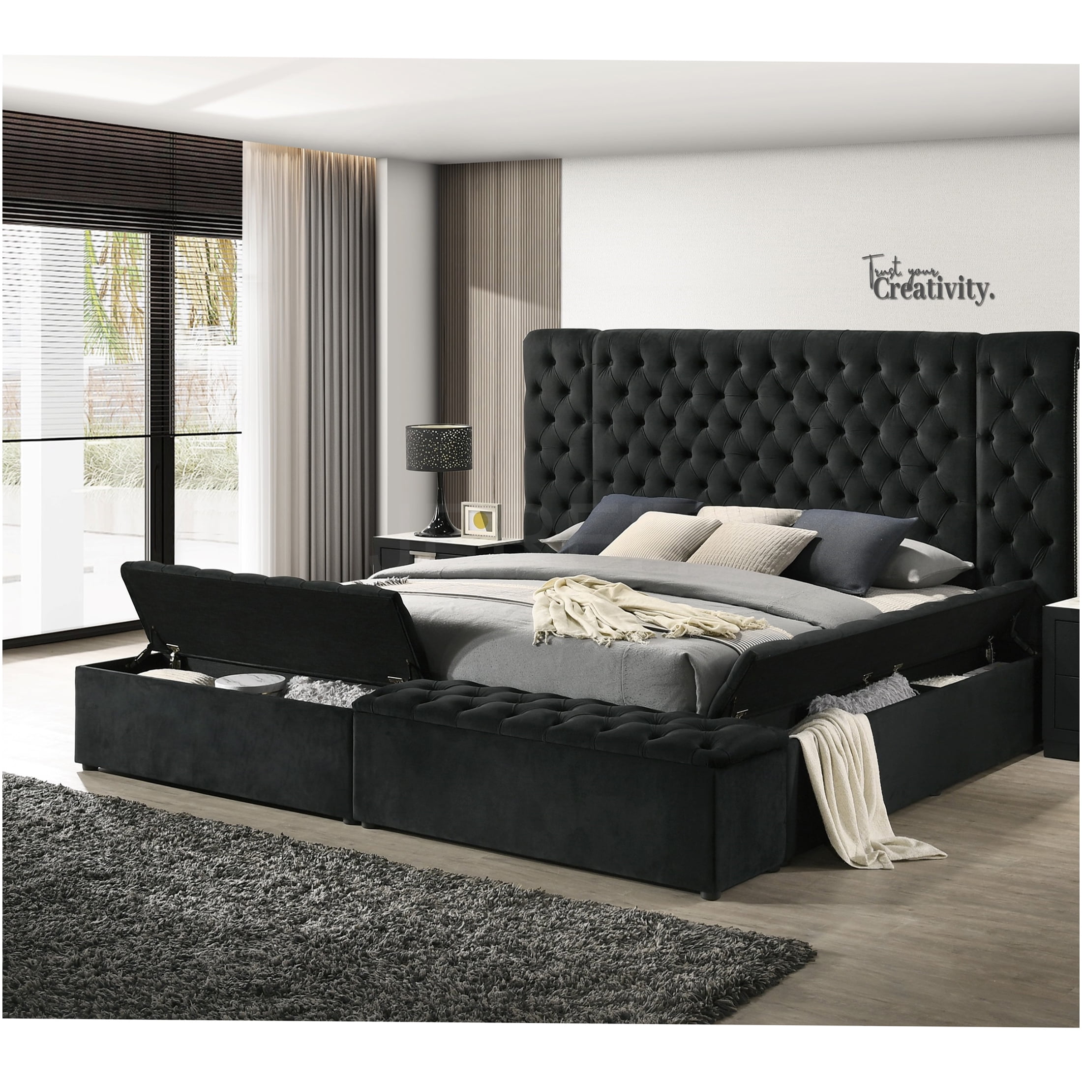JERFIT Queen Upholstered Bed Frame with Storage, Tufted Headboard ...