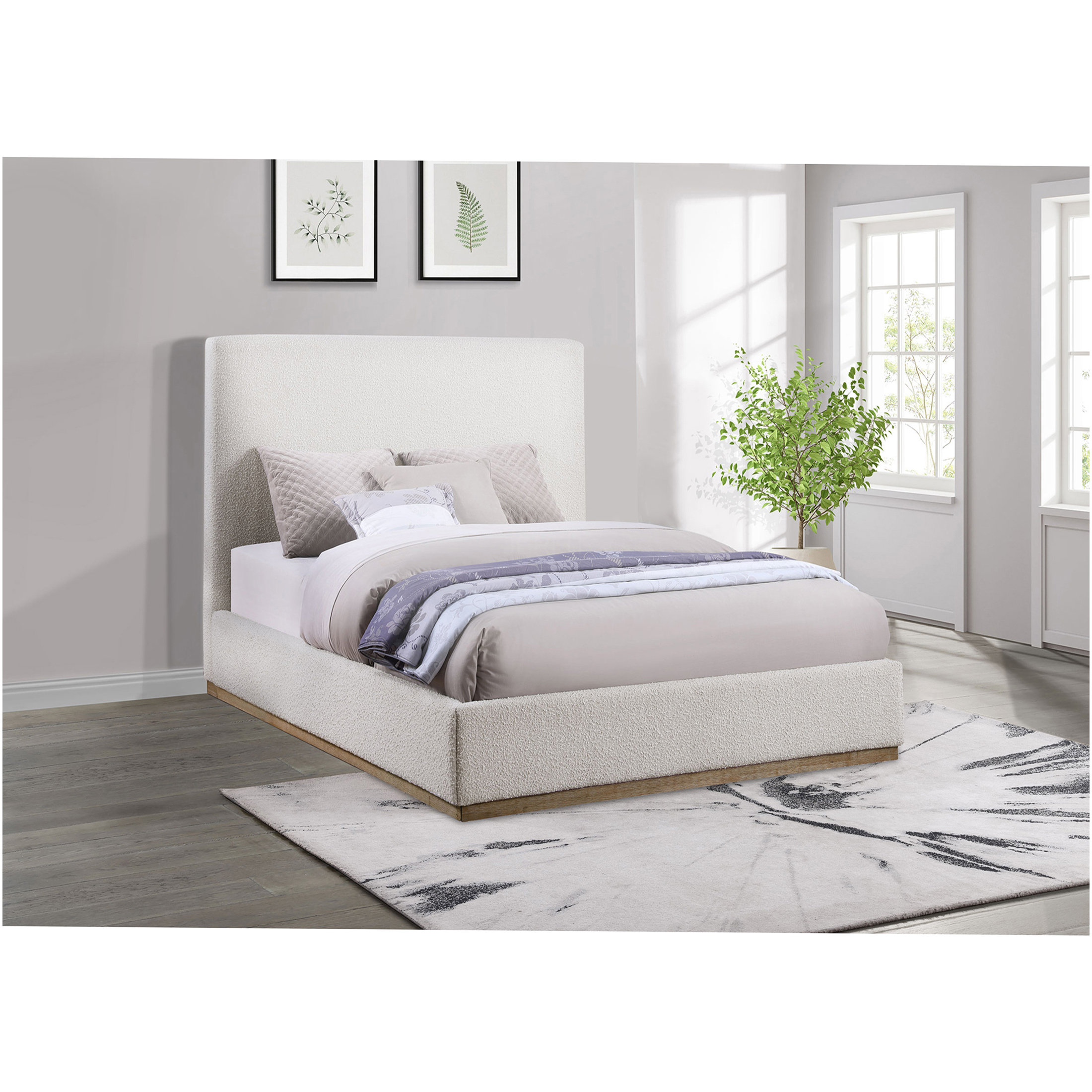 JERFIT Queen Upholstered Platform Bed with Tall Headboard, Cream Fabric ...