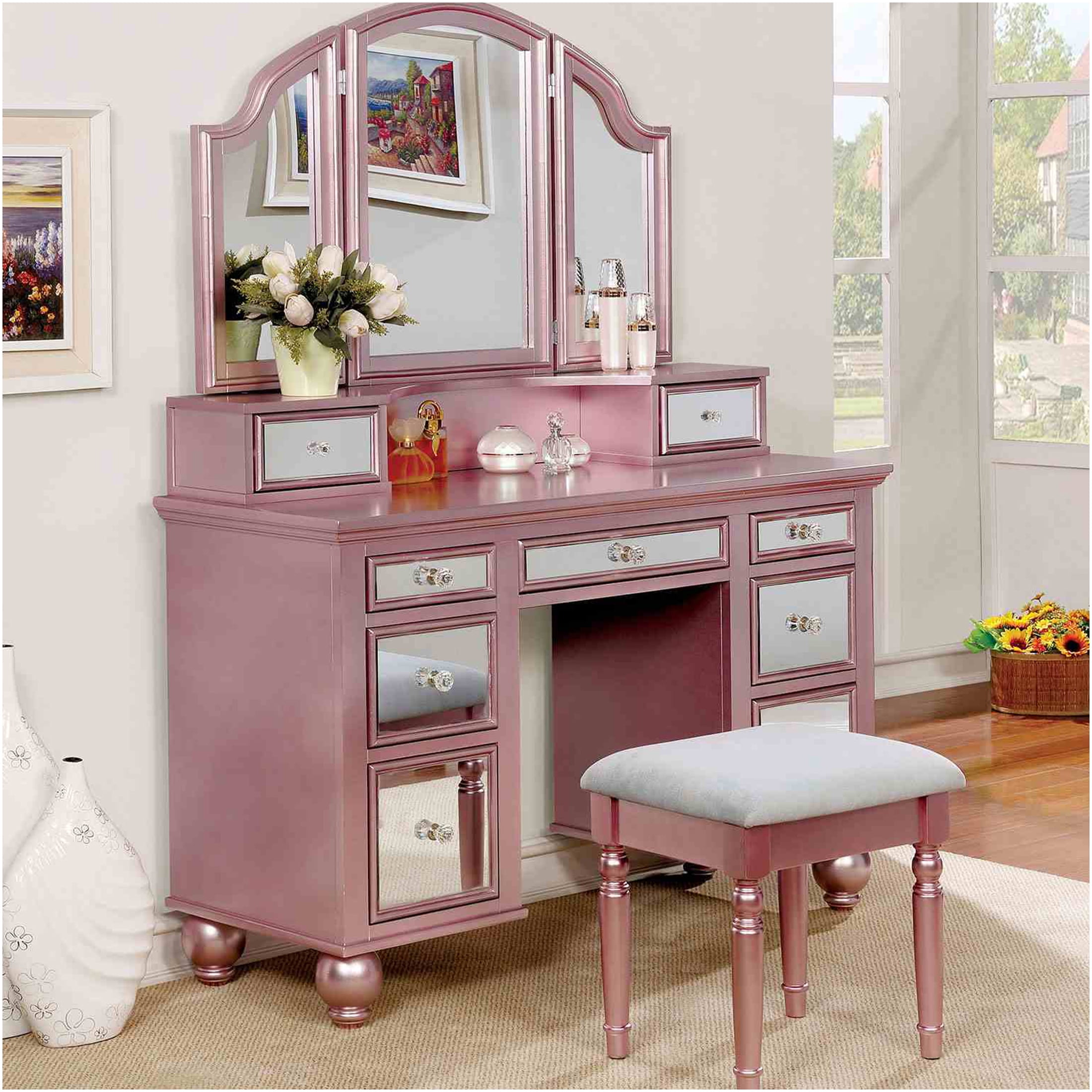 JERFIT Rose Gold Vanity Set with Stool, 3-Sided Mirror & 5 Drawers ...
