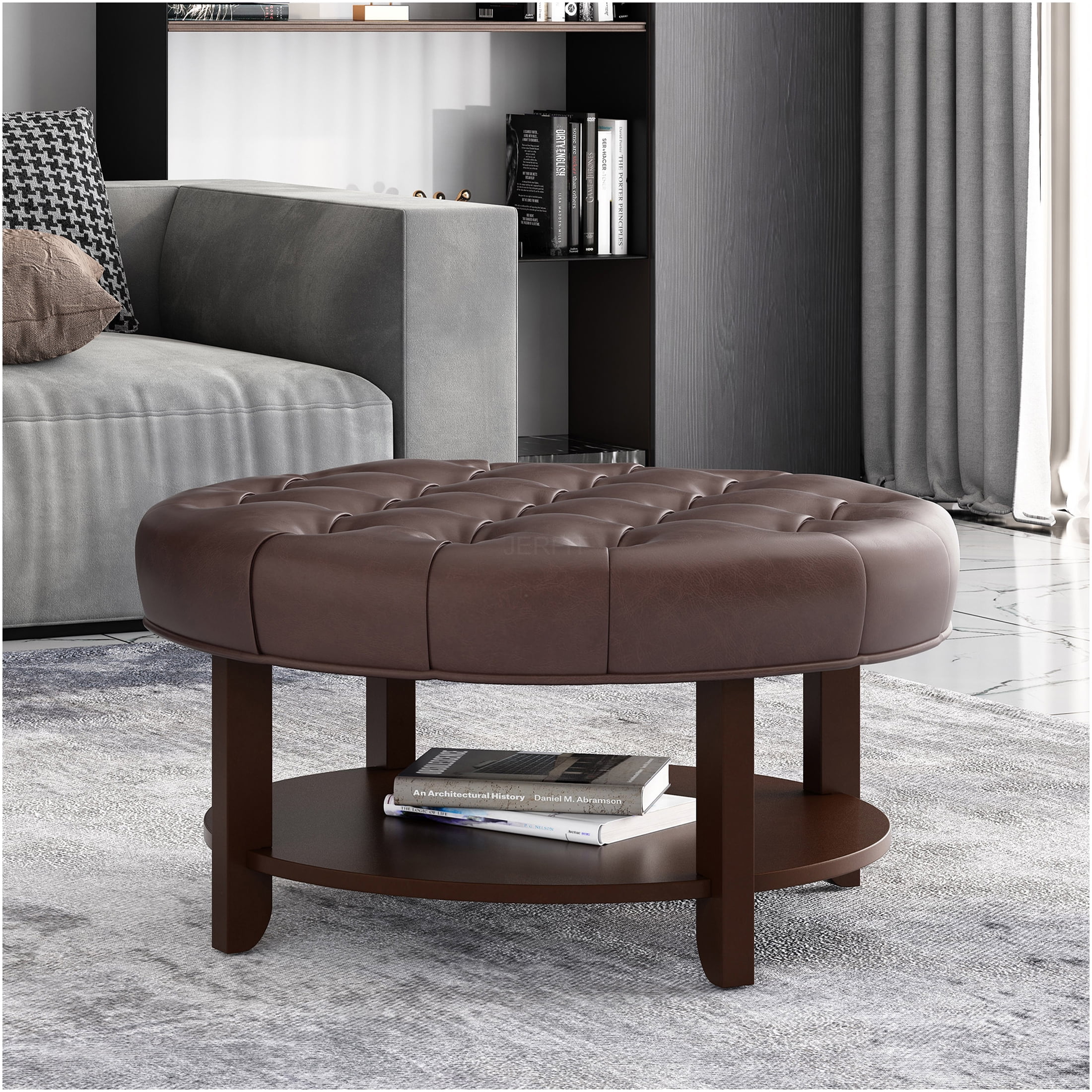 JERFIT Round Ottoman Pouf Dark Brown Faux Leather Footstool with ...