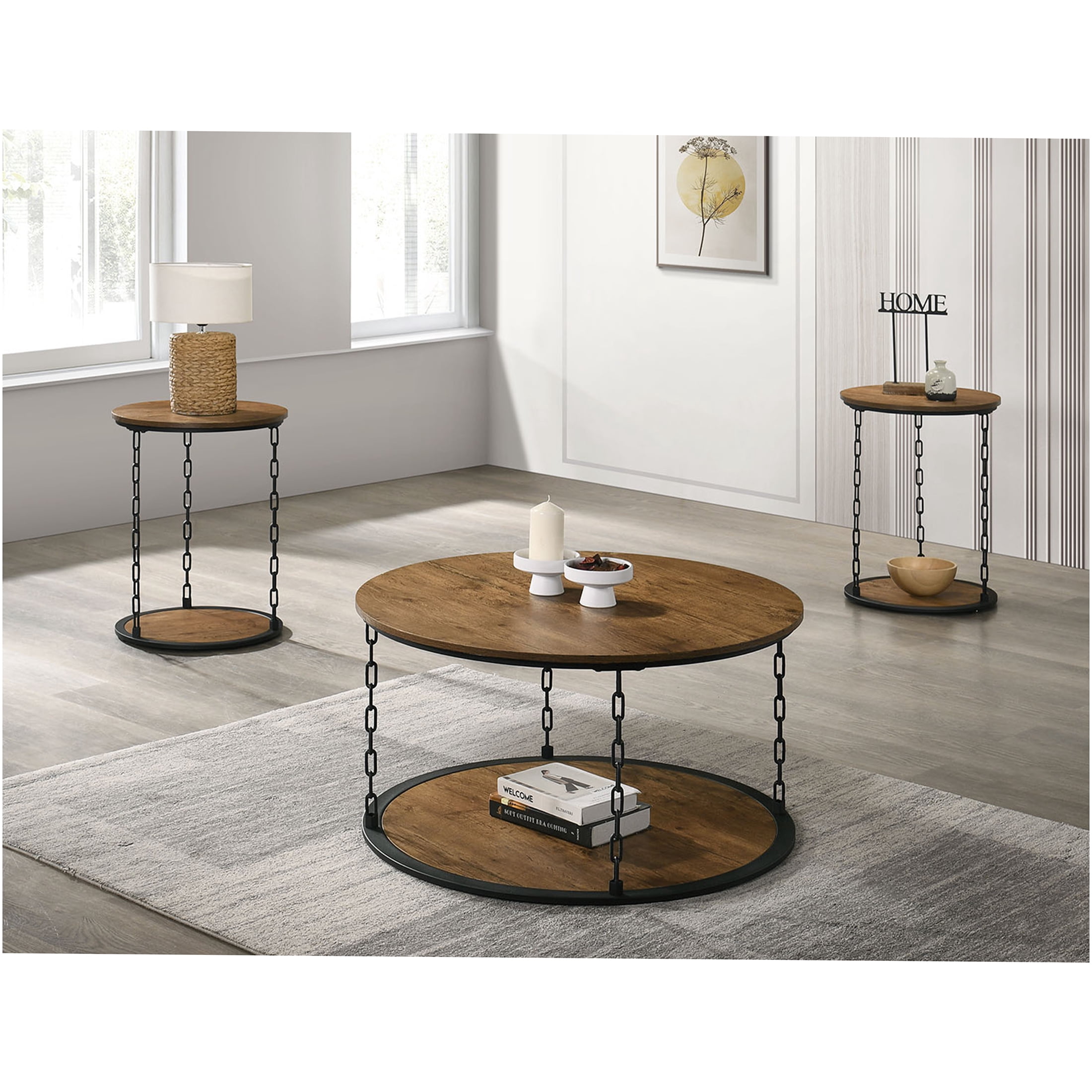 JERFIT Rustic 3-Piece Coffee Table Set with 2 End Tables, Natural ...