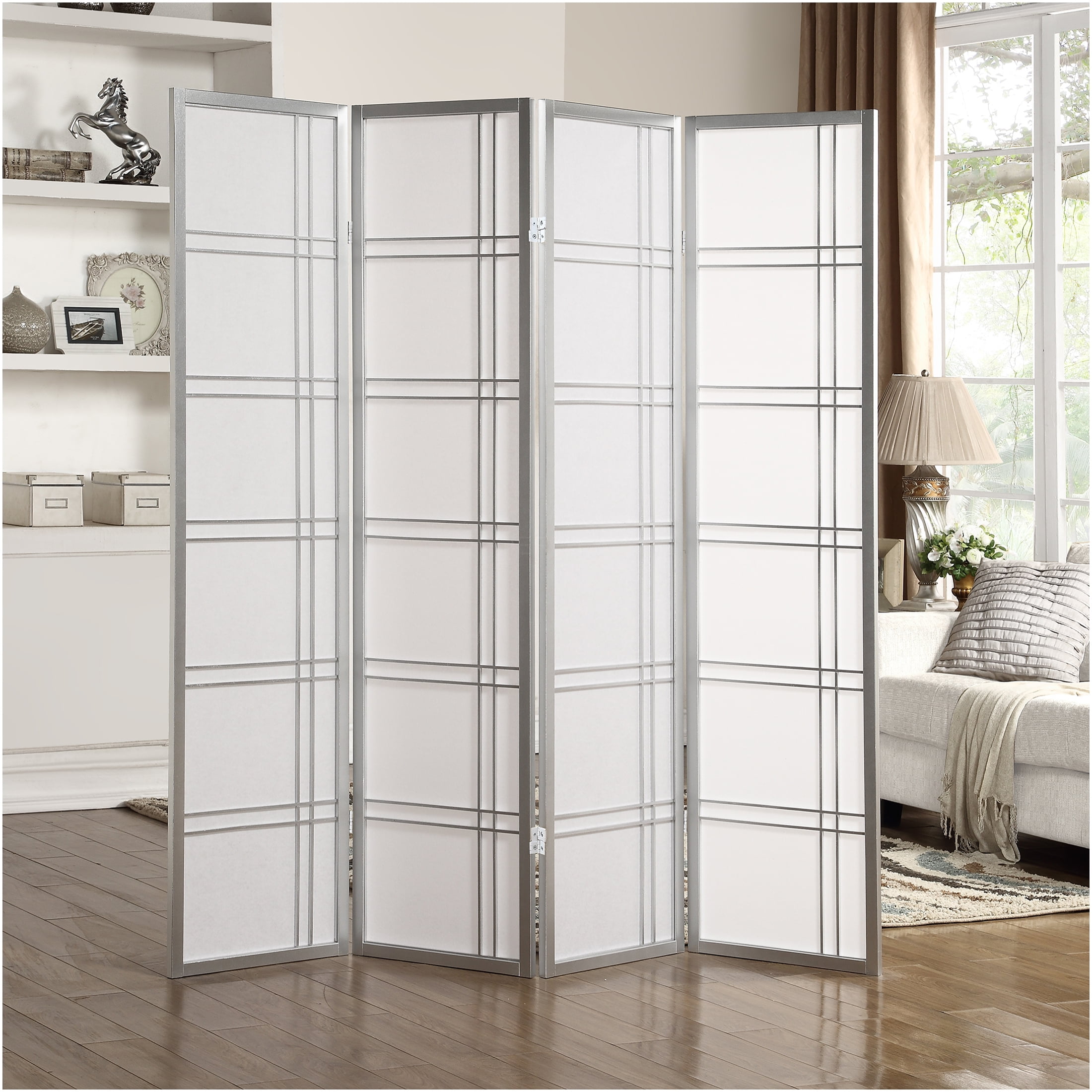 JERFIT Silver 4-Panel Folding Privacy Screen, Modern Room Divider with ...