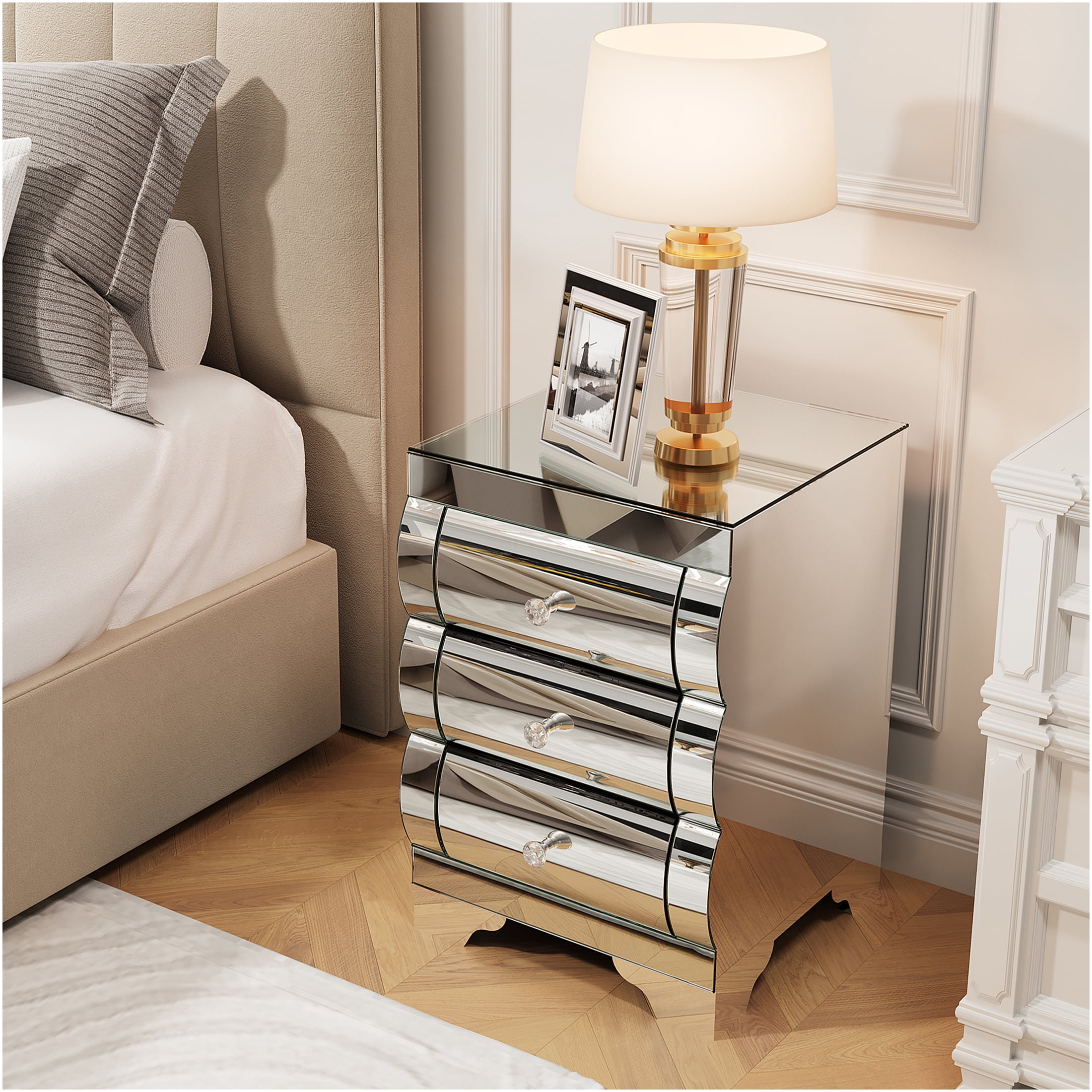 JERFIT Silver Mirrored Nightstand with 3 Drawers, Modern Glass End ...