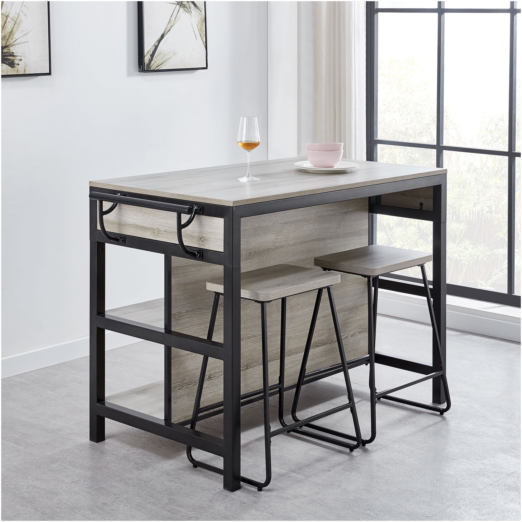 JERFIT Silver White 3-Piece Counter Height Dining Set Table with 2 ...