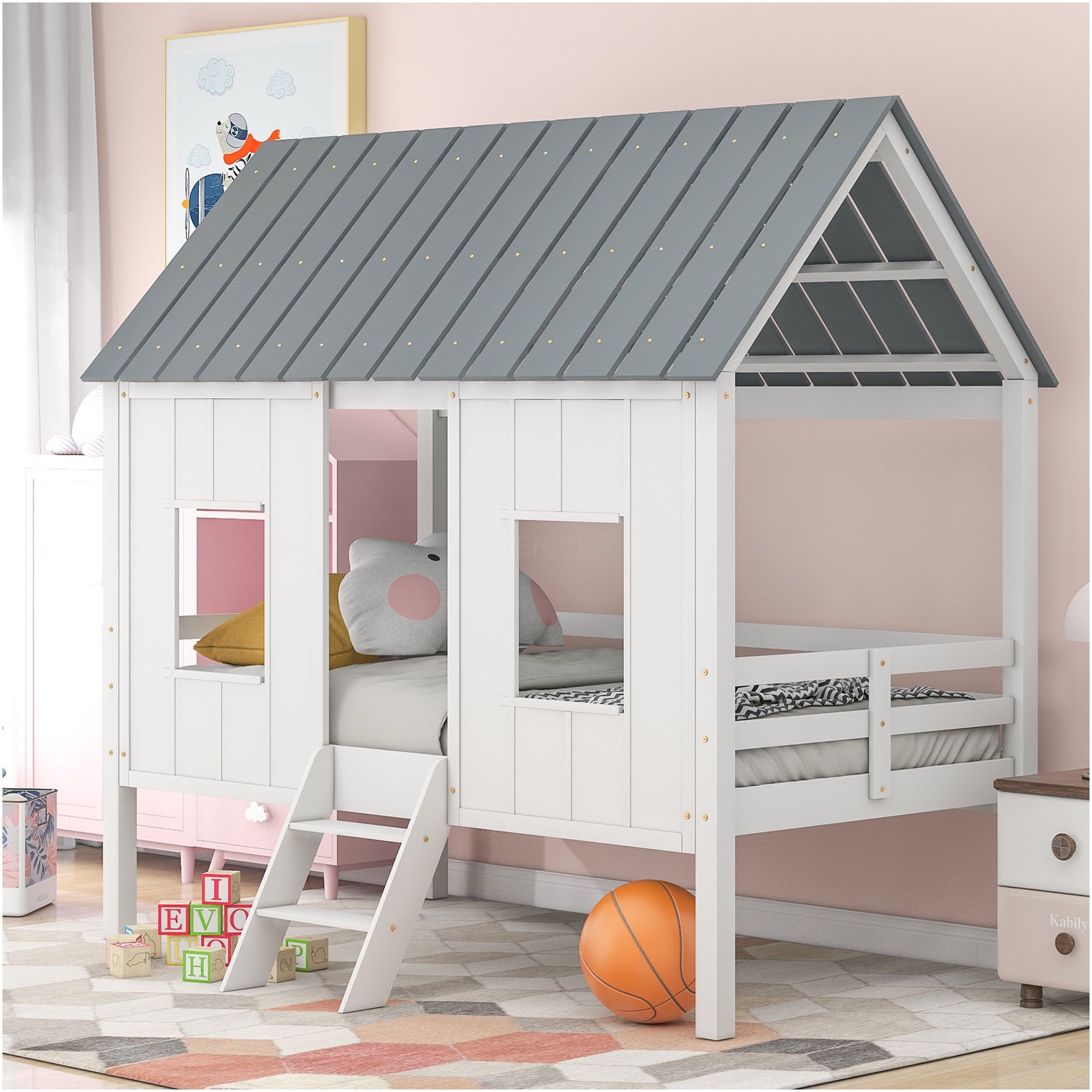 JERFIT White Twin House Bed Frame with Roof & Windows, Low Loft Design ...