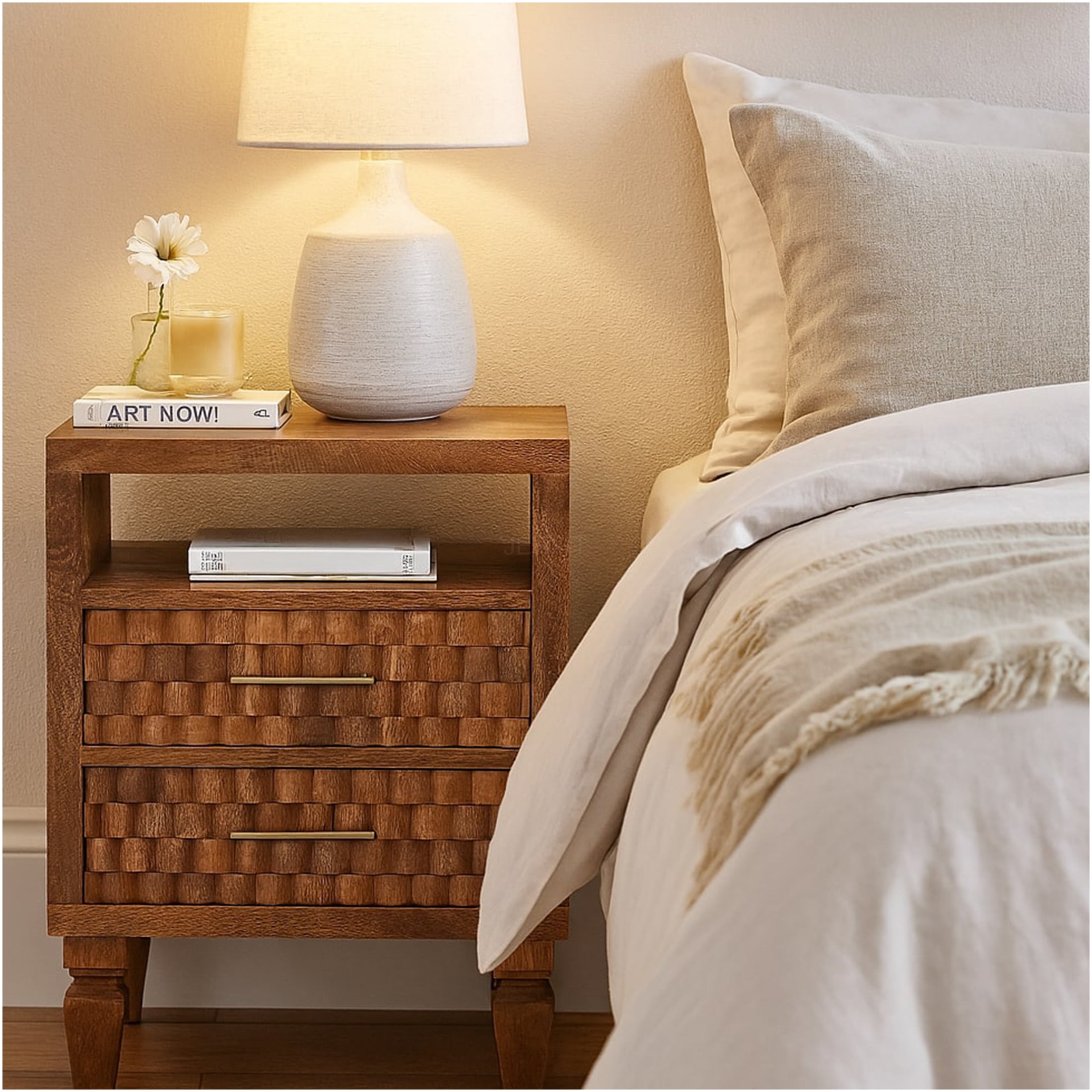 JERFIT Solid Wood Nightstand with 2 Drawers & Open Shelf, Hand-Carved ...