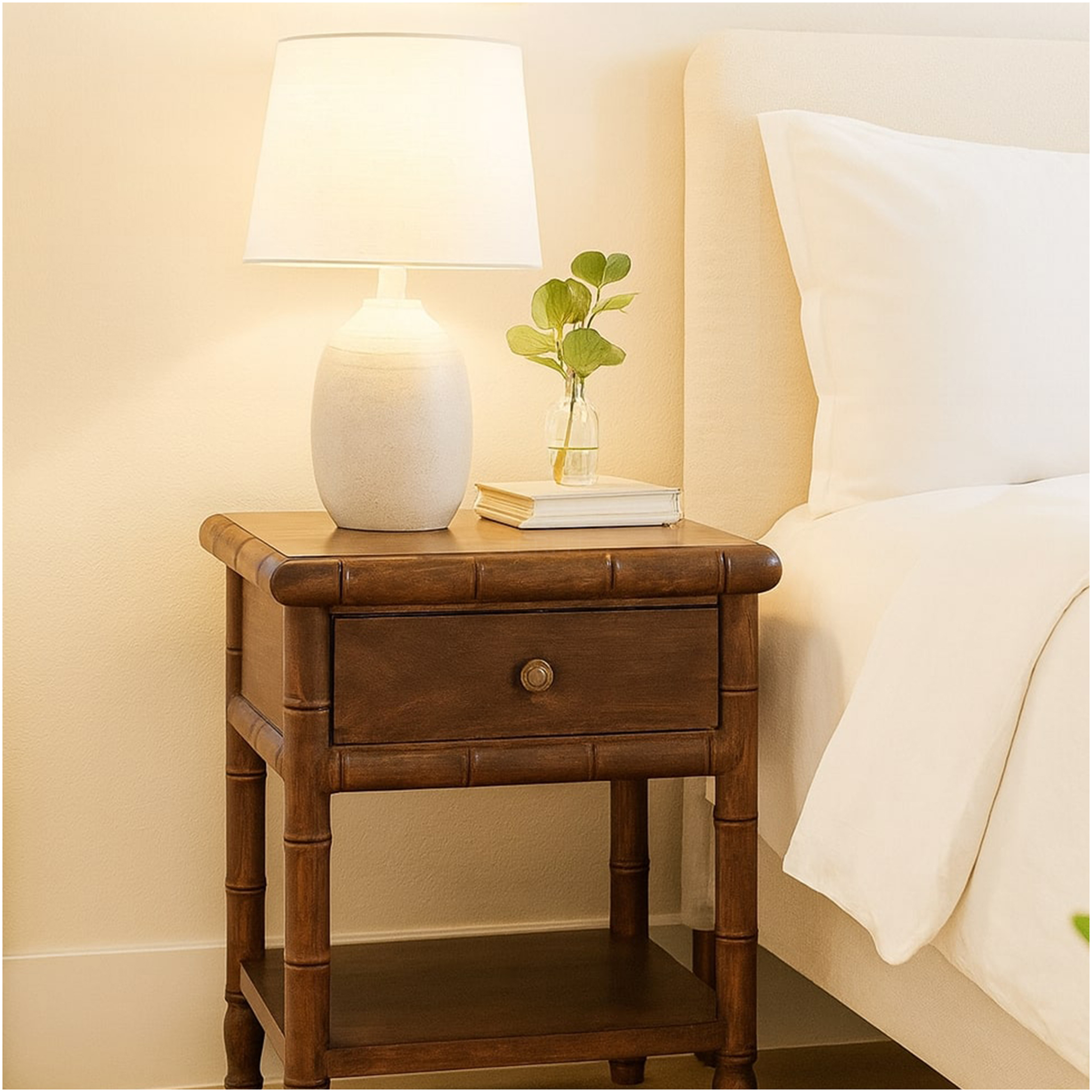JERFIT Solid Wood Nightstand with Drawer and Shelf, Tropical Bamboo ...