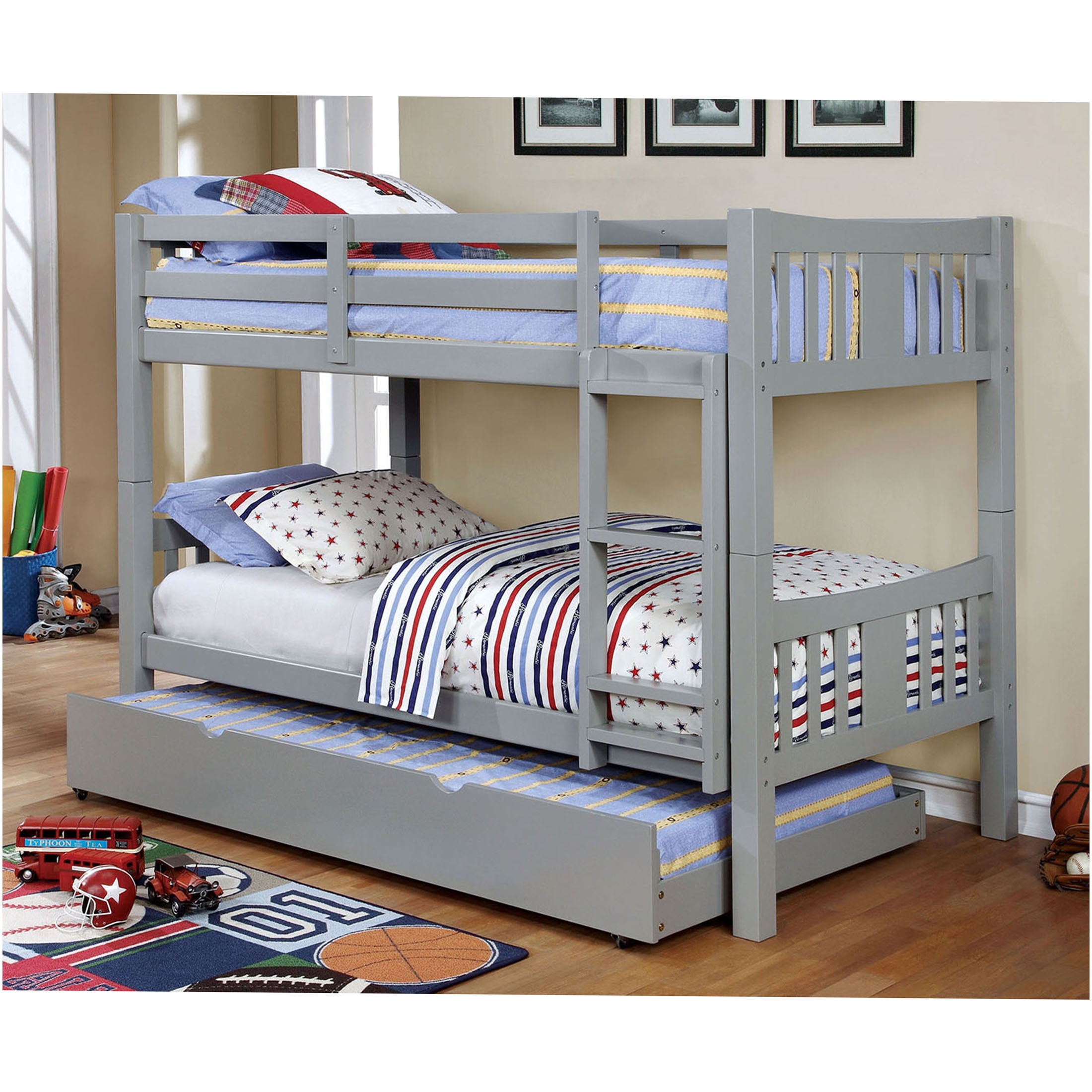 JERFIT Solid Wood Twin Over Twin Bunk Bed with Attached Ladder, Gray ...