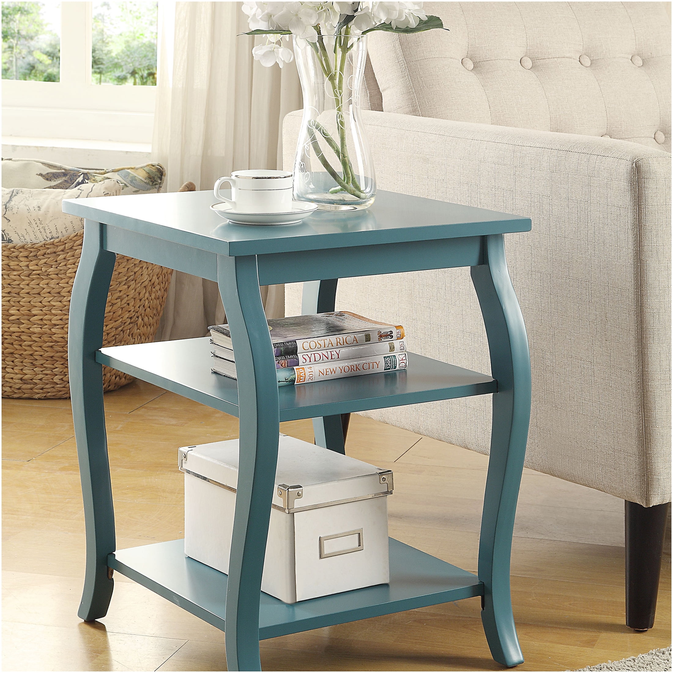 JERFIT Teal Accent Table with 2 Shelves, Square Leg End Table for ...