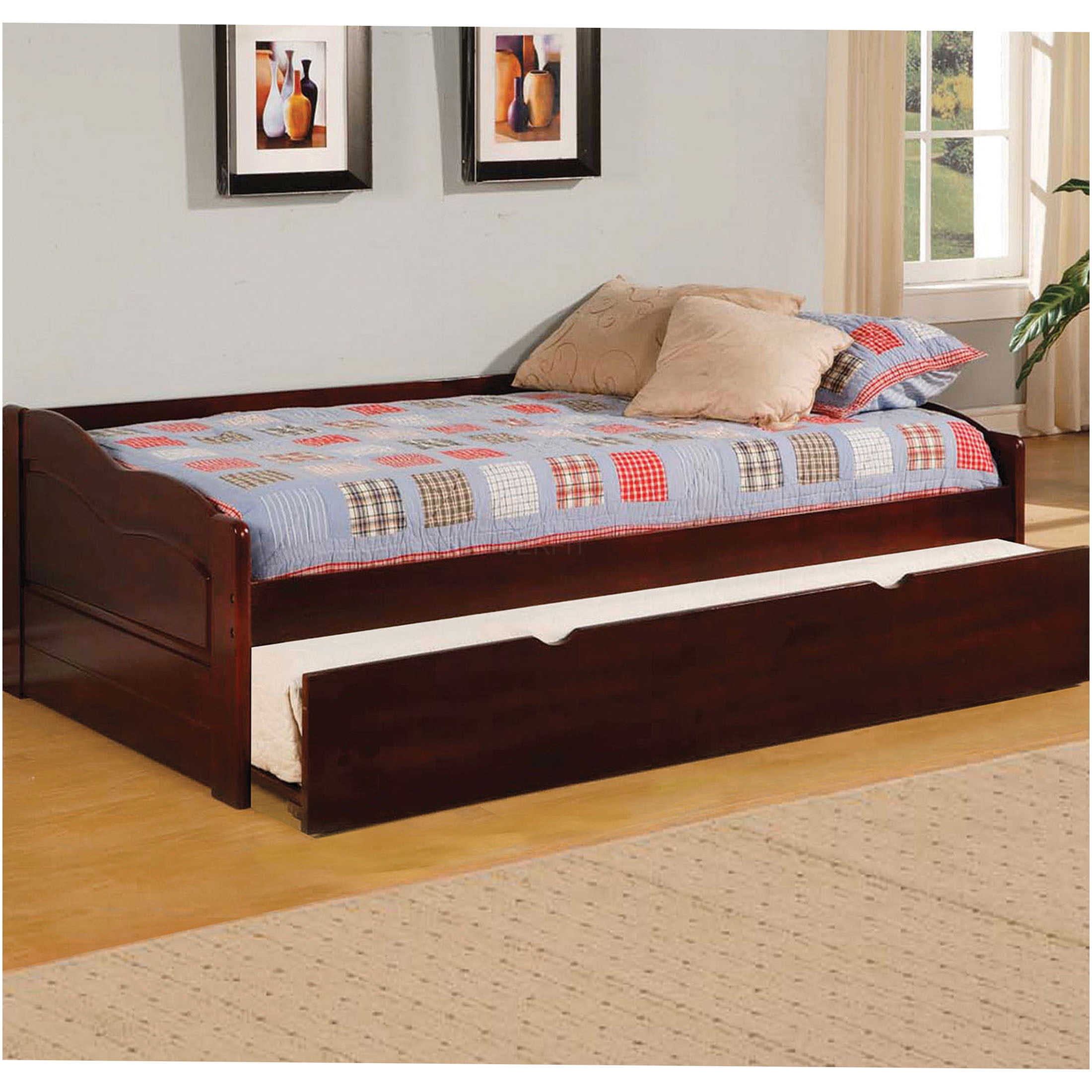 JERFIT Traditional Cherry Finish Twin Daybed with Trundle, Solid Wood ...