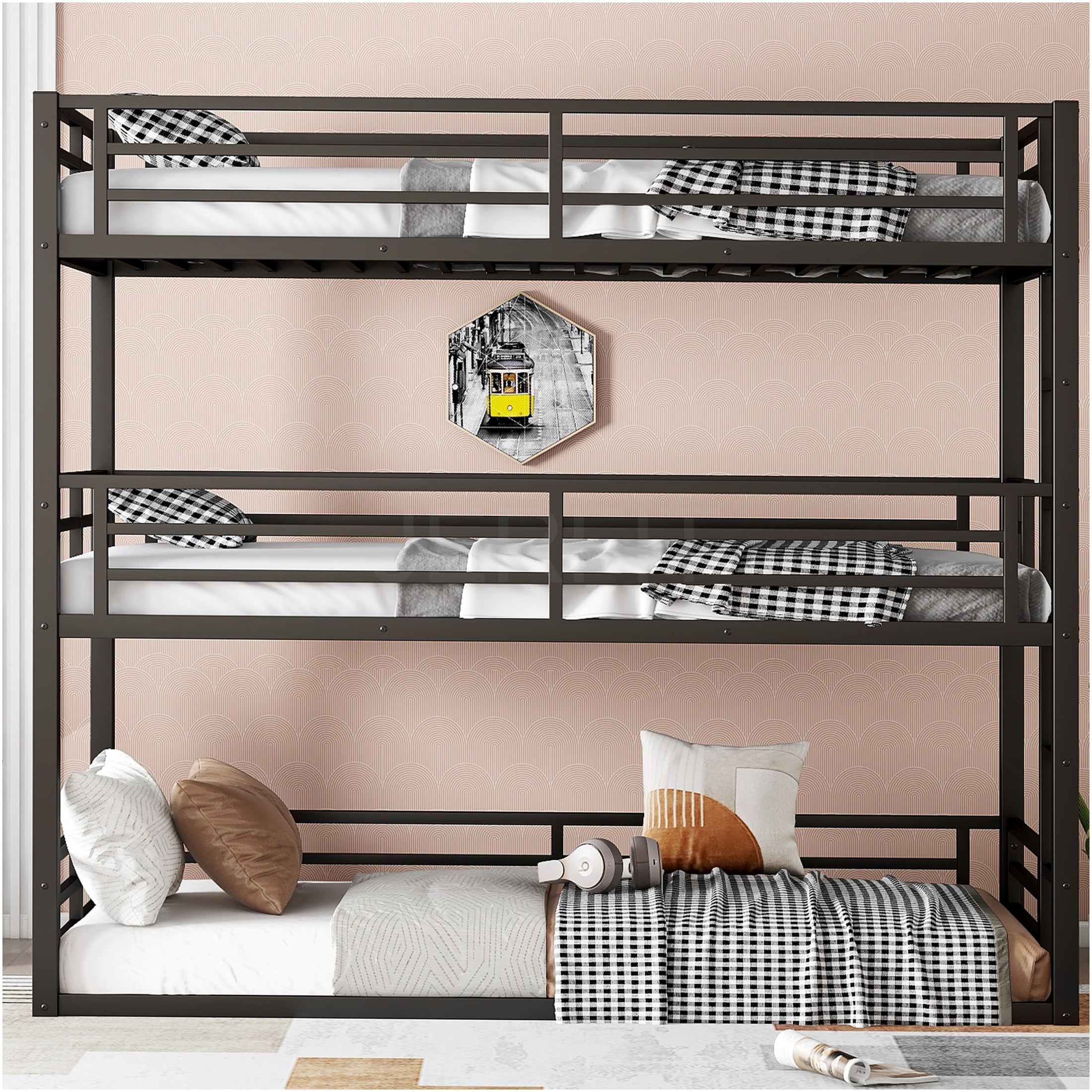 JERFIT Triple Bunk Bed, Twin XL Metal Bunk Bed with Safety Rails, Heavy ...