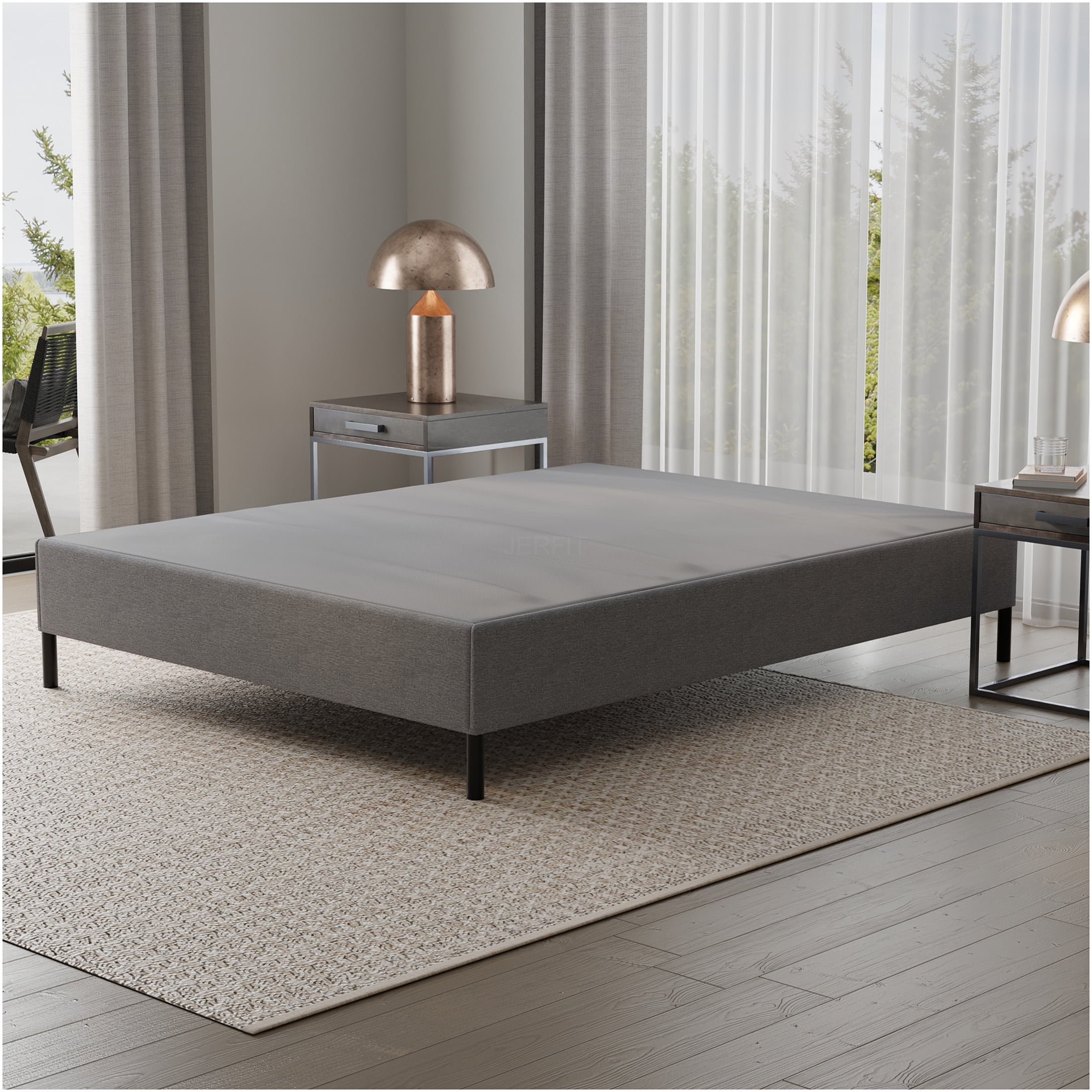JERFIT Twin Size Grey Metal Bed Frame with Fabric Headboard, Heavy Duty ...