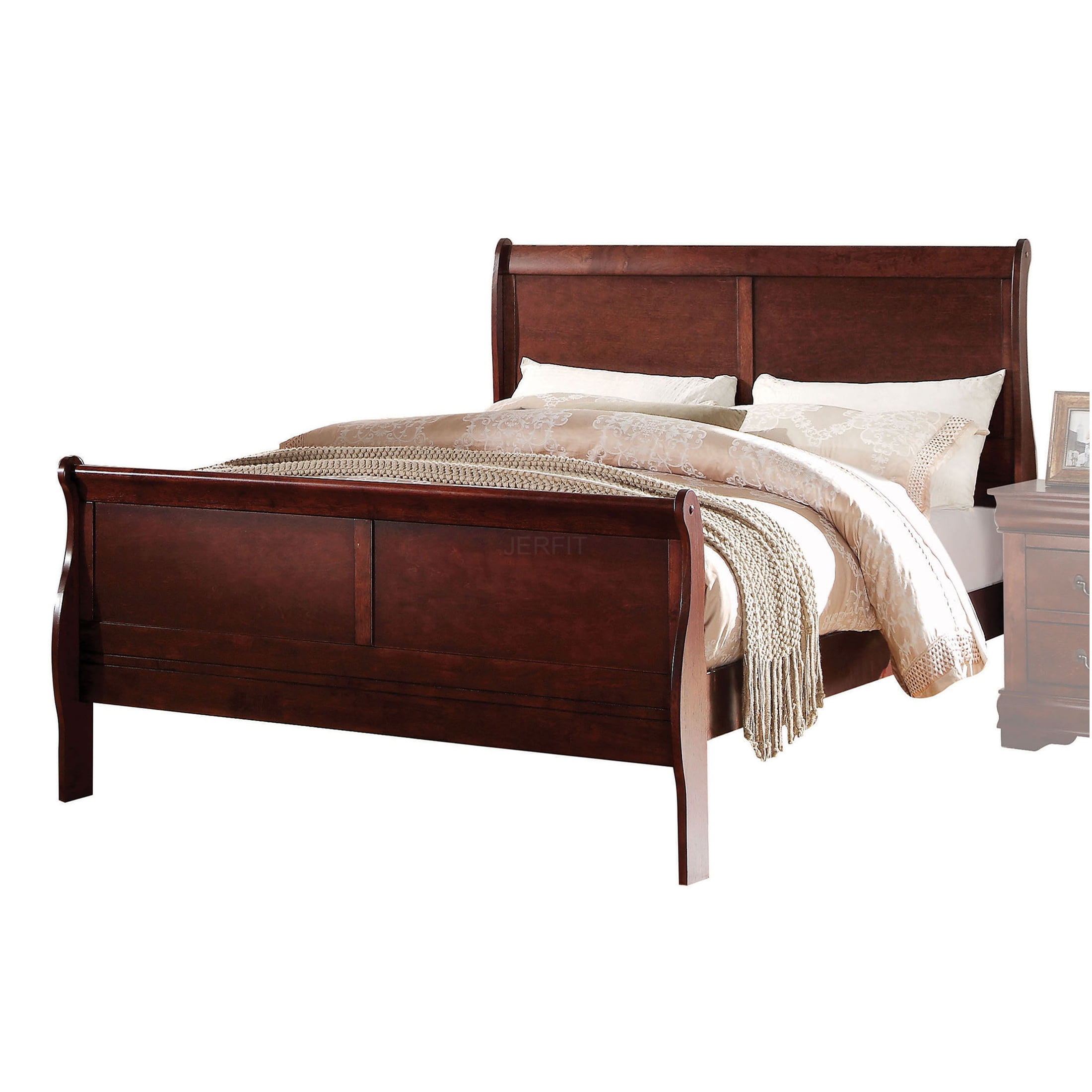 JERFIT Twin Sleigh Bed with Storage Drawer, Cherry Finish Wood Bed ...