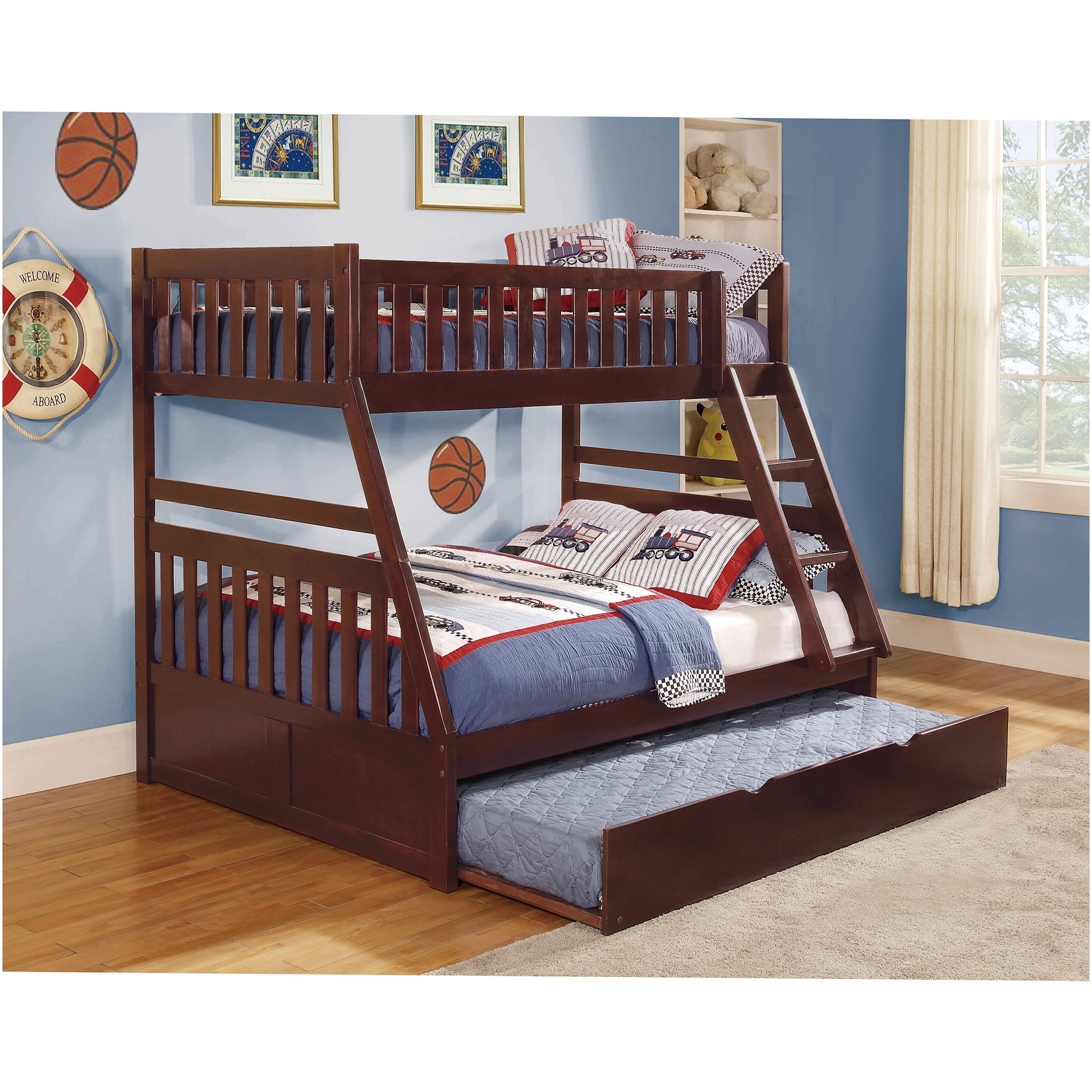 JERFIT Twin over Full Bunk Bed with Trundle, Space-Saving Wood Bed ...