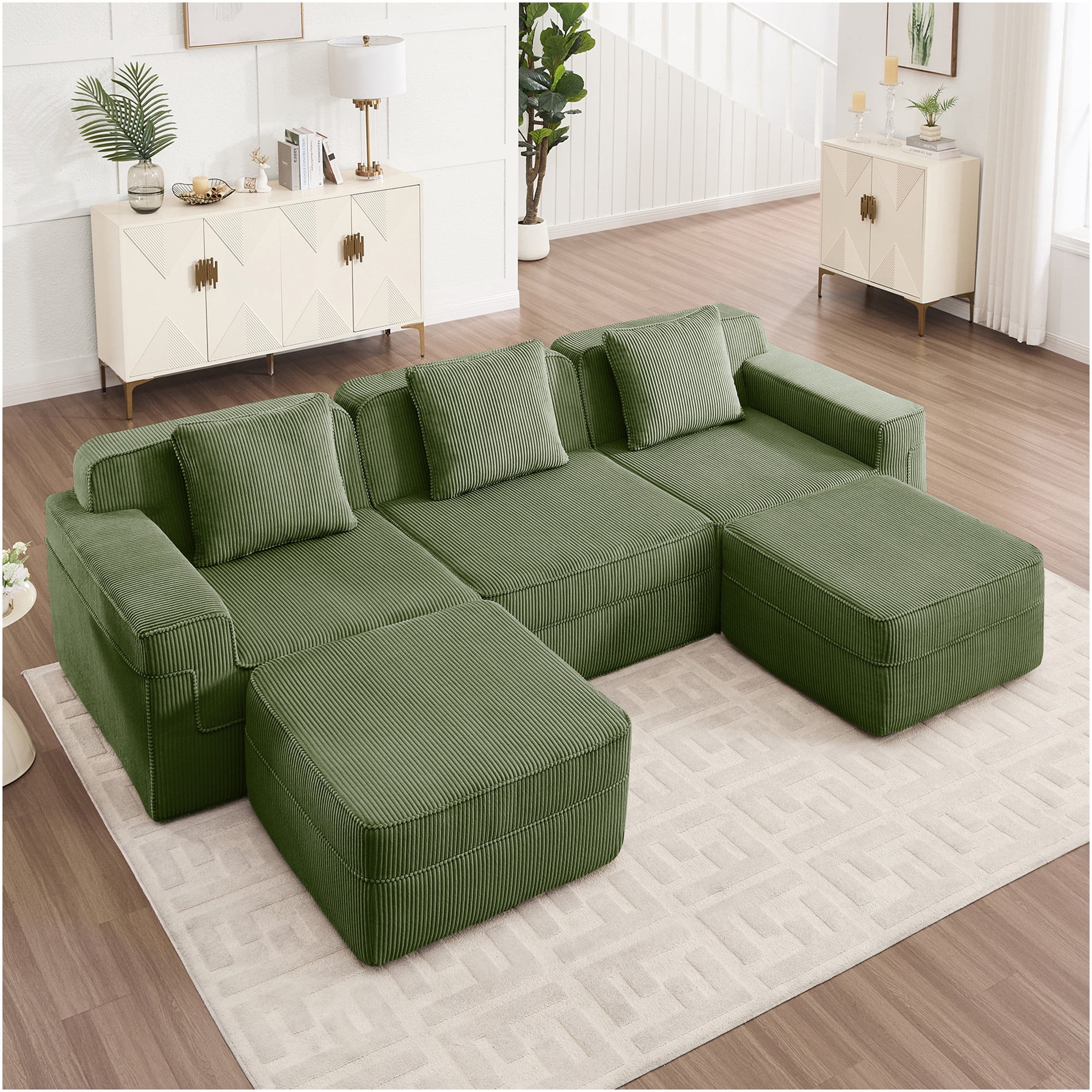 JERFIT U-Shaped 3-Seater Modular Sofa with Ottomans, Plush Corduroy ...
