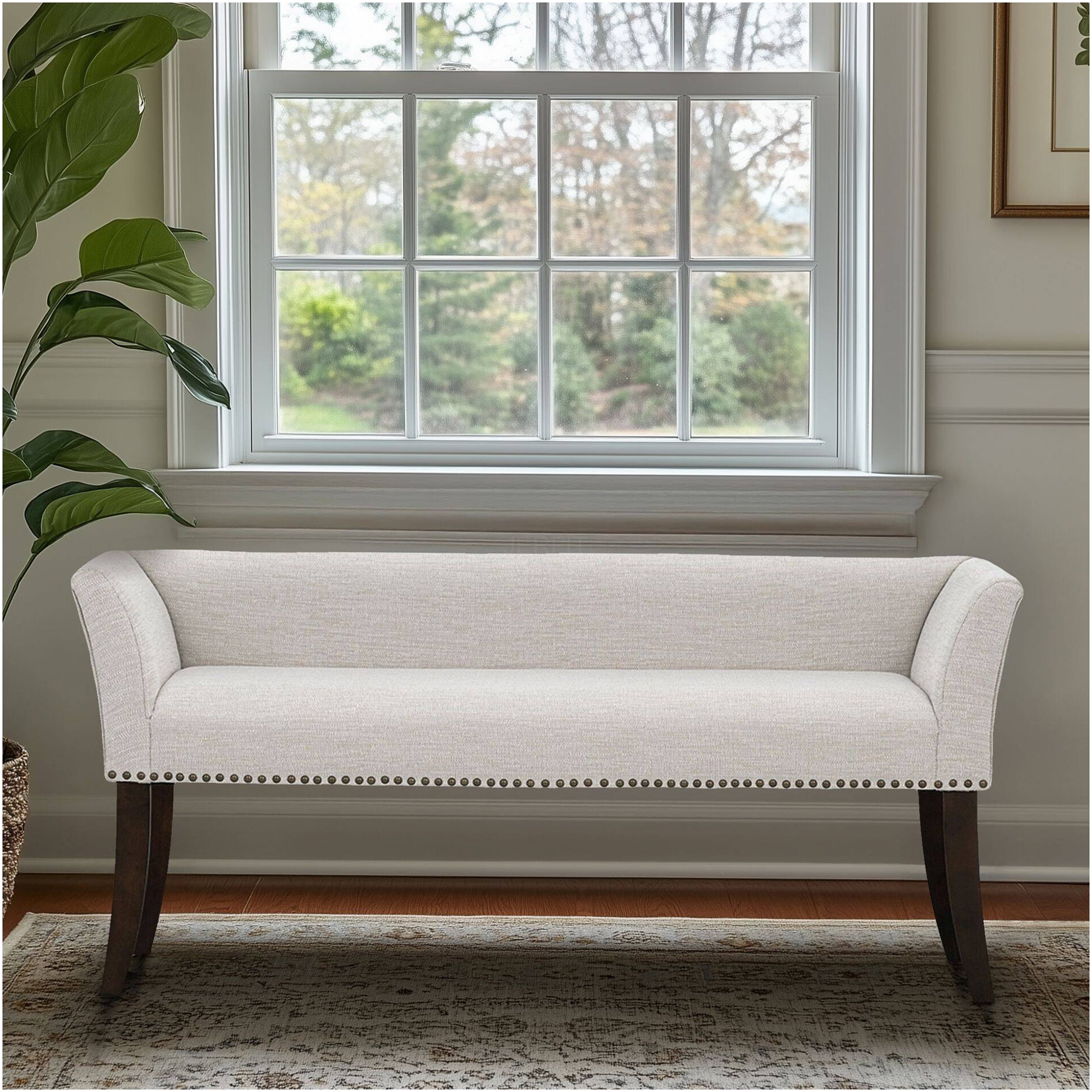 JERFIT Upholstered Accent Bench with Arms, Cream Fabric Low-Back Settee ...