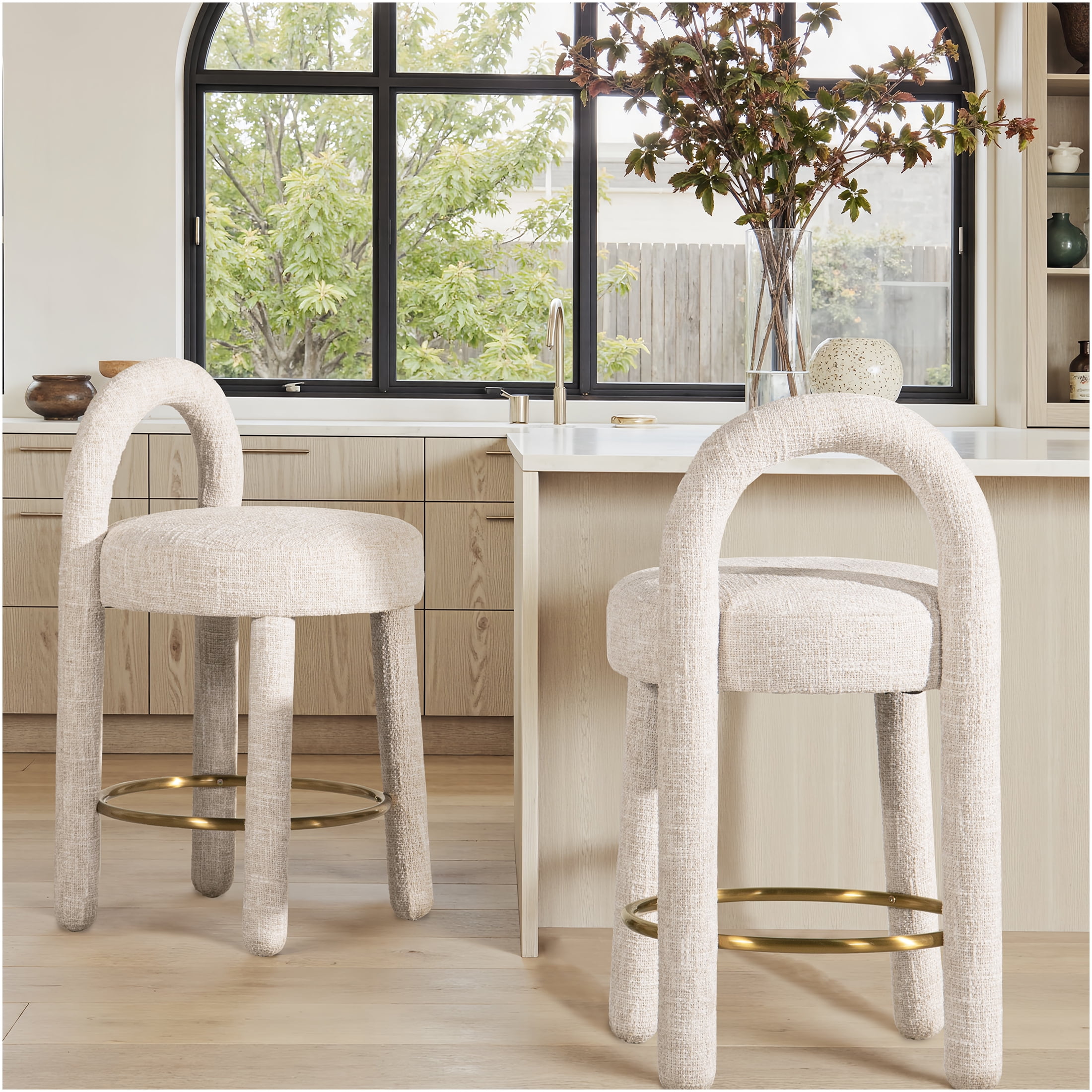 JERFIT Upholstered Counter Stools Set of 2, Beige Chenille Fabric ...
