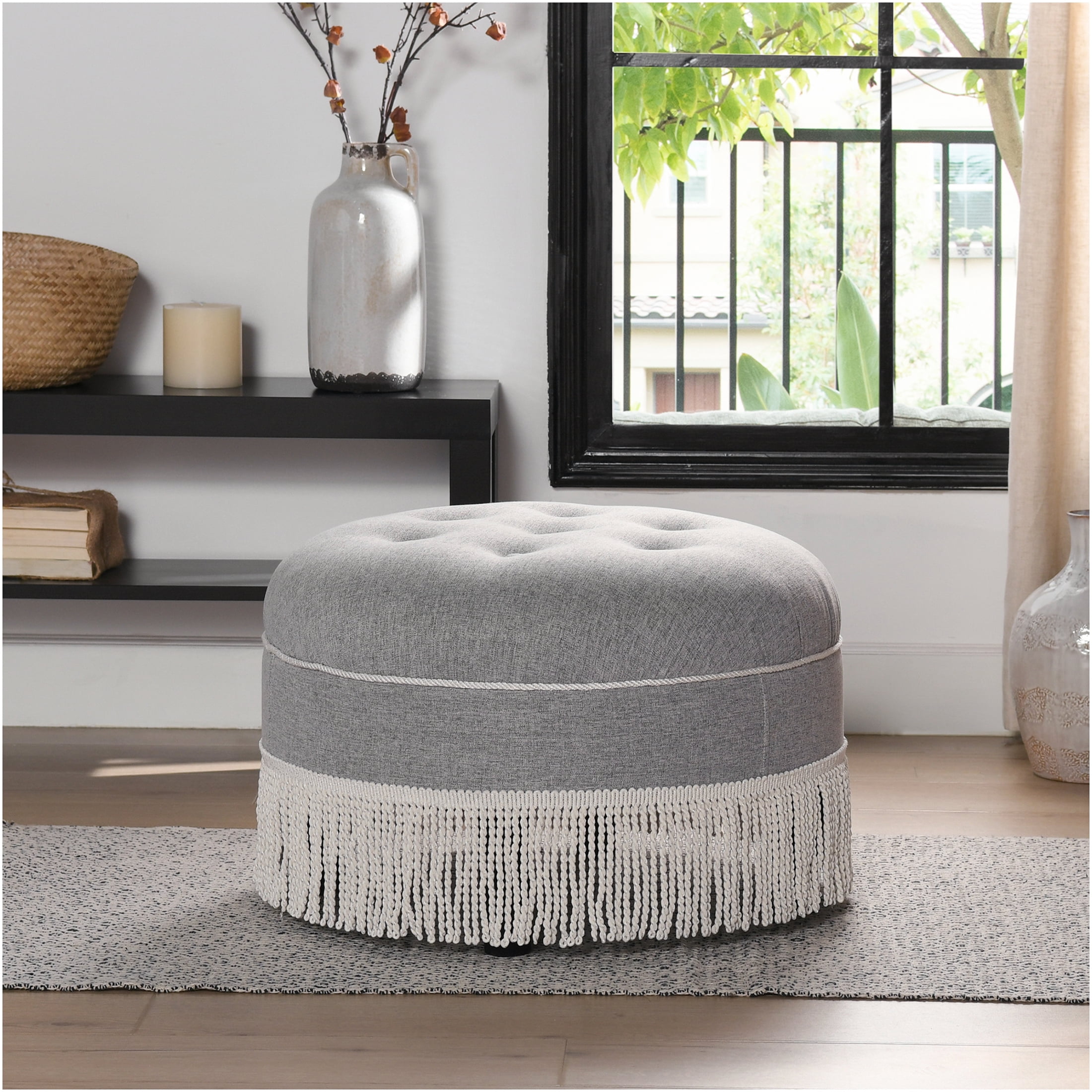 JERFIT Upholstered Round Ottoman with Tassel Fringe, Button Tufted ...