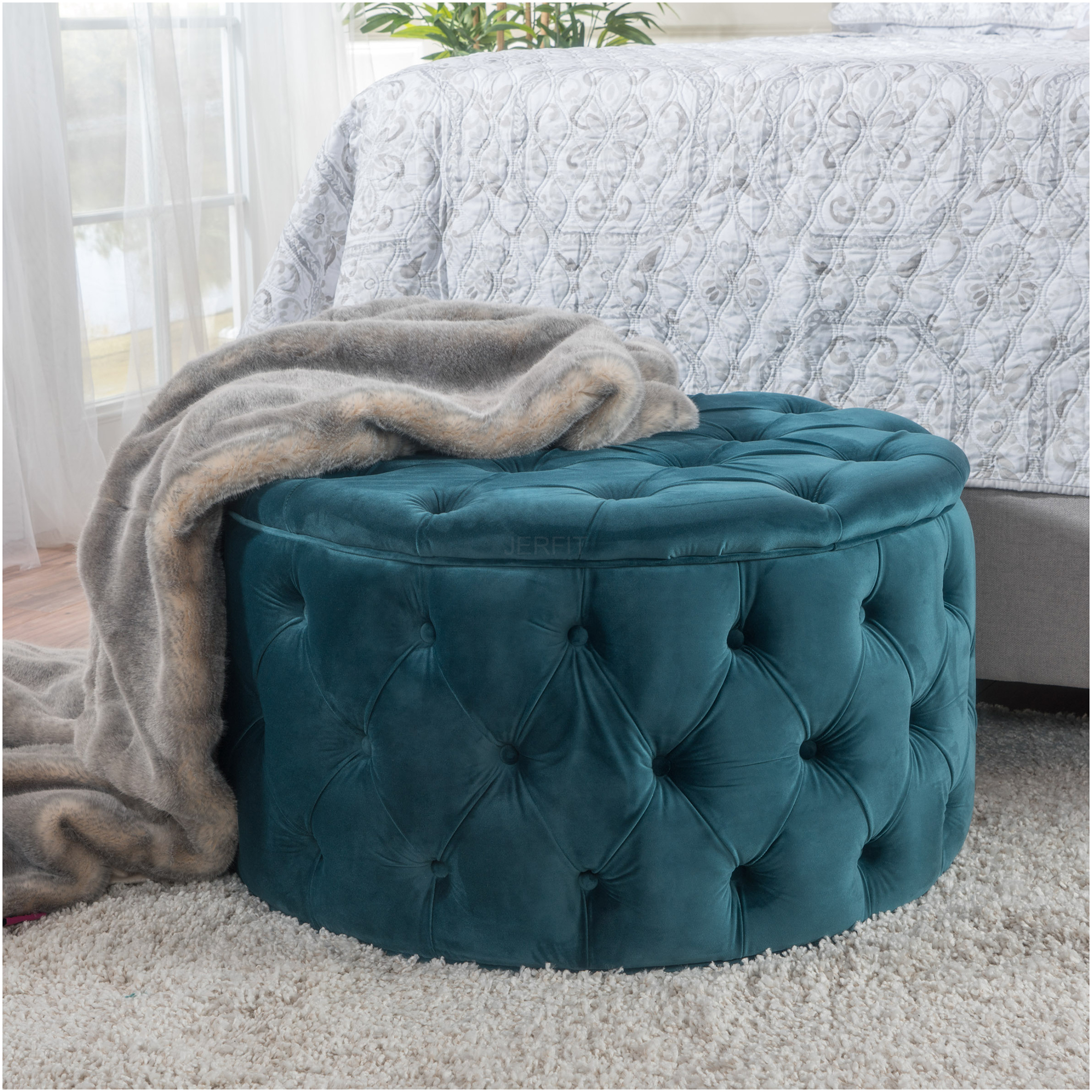 JERFIT Velvet Ottoman Footstool Pouf, Teal Plush Upholstered Stool for ...