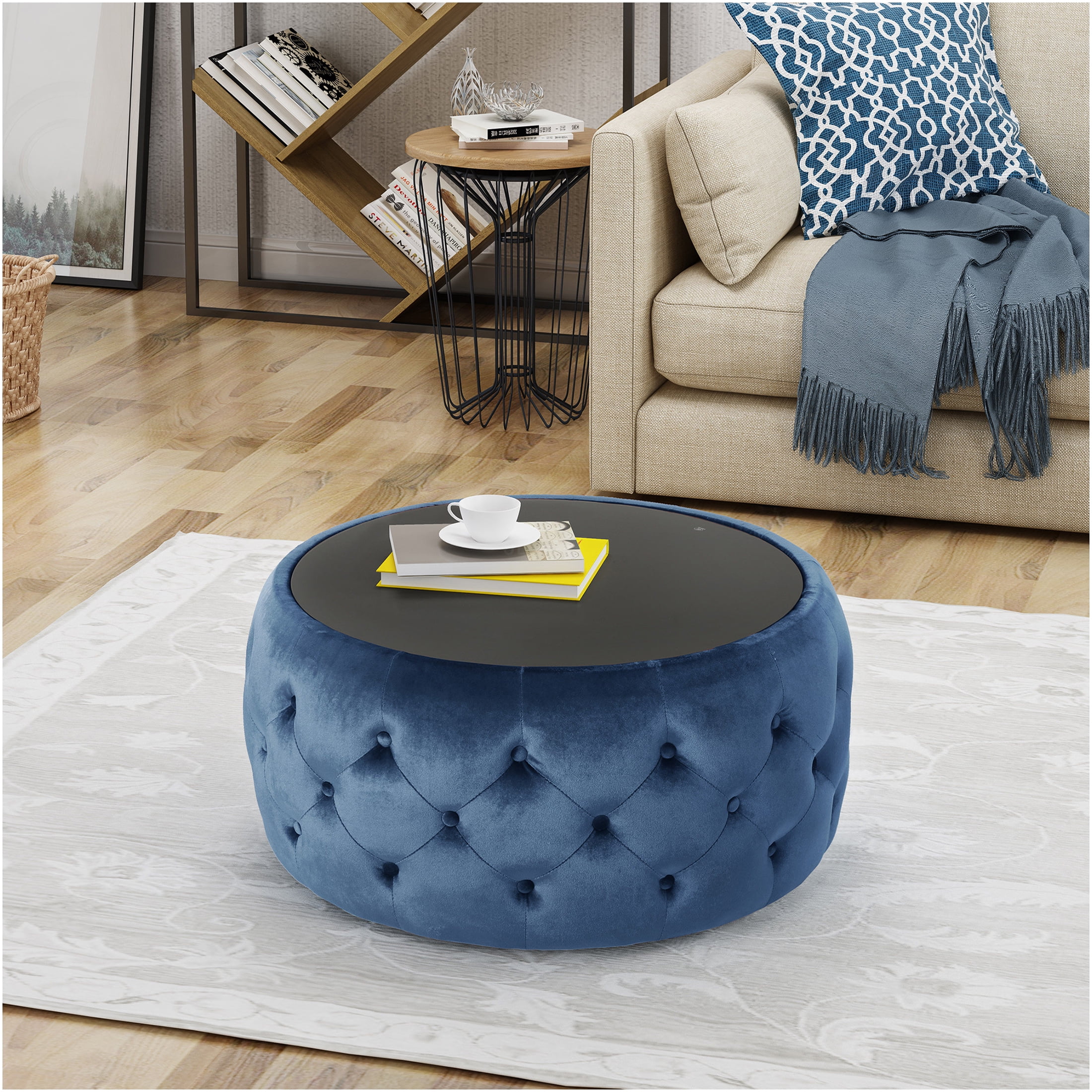 JERFIT Velvet Ottoman with Glass Top, Dark Blue Button Tufted Ottoman ...